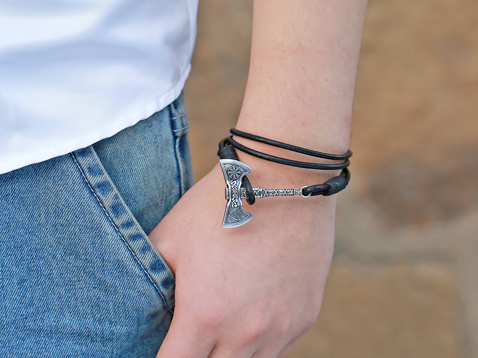 TEAMER Viking Axe Helm of Awe Wrap Bracelet Valknut Amulet Norse Viking Bracelet (Style 1)