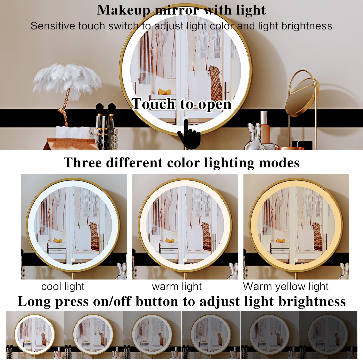 Vanity desk with mirror and lights, 3 Color Touch Screen,Modern Retractable Makeup Dressing Table with Adjustable Cabinet and 5 Sliding Drawers,Vanity Table Set ,Writing Desk Bedroom Essential,White