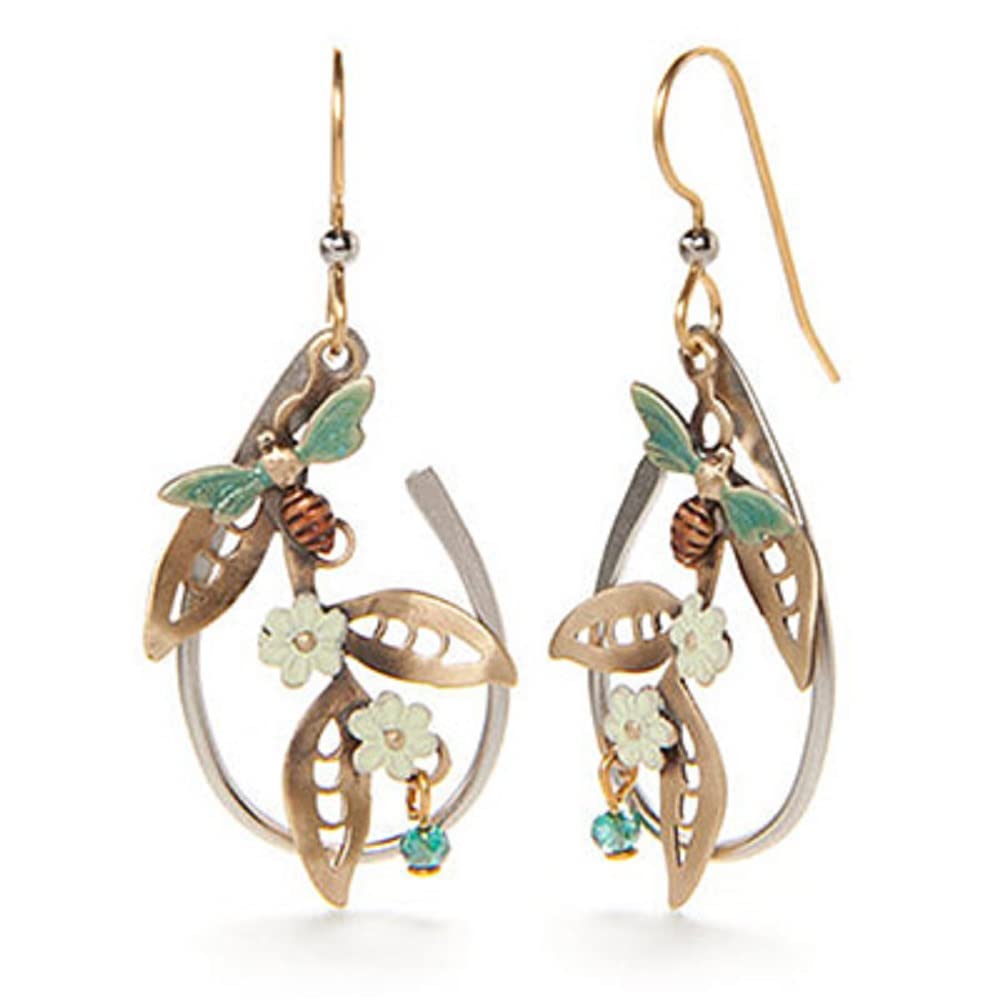 Silver Forest Bee Flower Loop Earrings