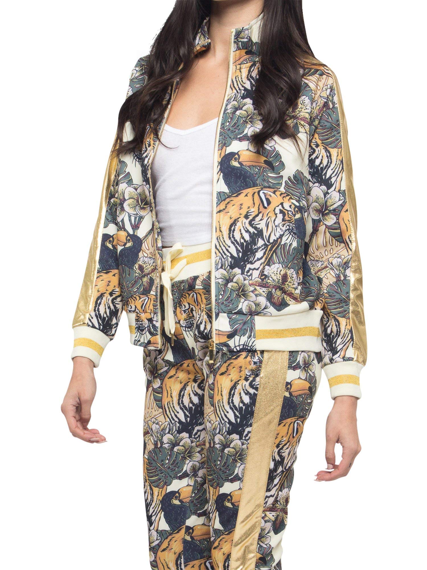 VICTORIOUS Women's Royal Jungle Floral Tiger 2 Piece Tracksuit Set - Long Sleeve Sweatshirts and Sweat Pants VL207 - Off-White - Medium - C8F