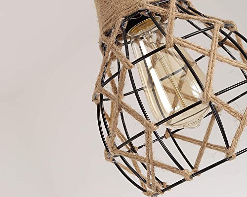 Rustic Industrial Woven Pendant Light, One-Light Adjustable Metal Hemp Rope Mini Pendant Lighting Fixture for Kitchen Island Cafe Bar Farmhouse, Black
