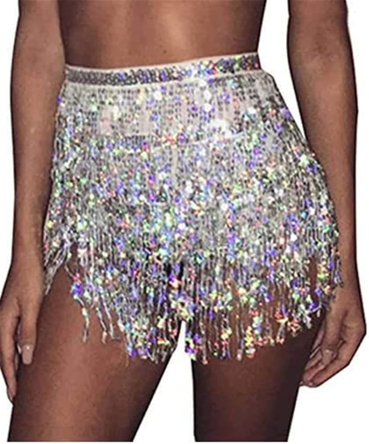Victray Belly Dance Skirt Sparkly Sequin Wrap Skirts Fringe Hip Scarf Rave Costume for Women (Silver)