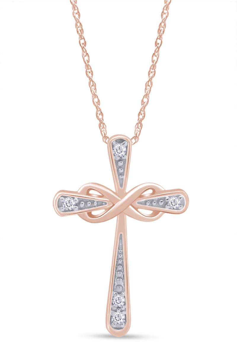 THE JEWEL ZONE Round Cut White Natural Diamond Accent Infinity Cross Pendant Necklace Jewelry For Women In 14k Rose Gold Over Sterling Silver (Color- I-J, Clarity- I2-I3)