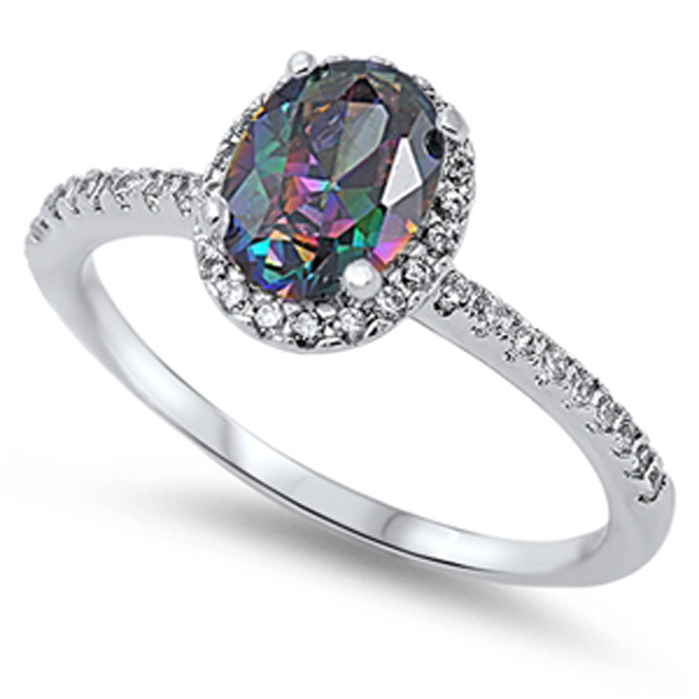 Solitaire Rainbow Simulated Topaz Halo Wedding Ring New .925 Sterling Silver Size 7