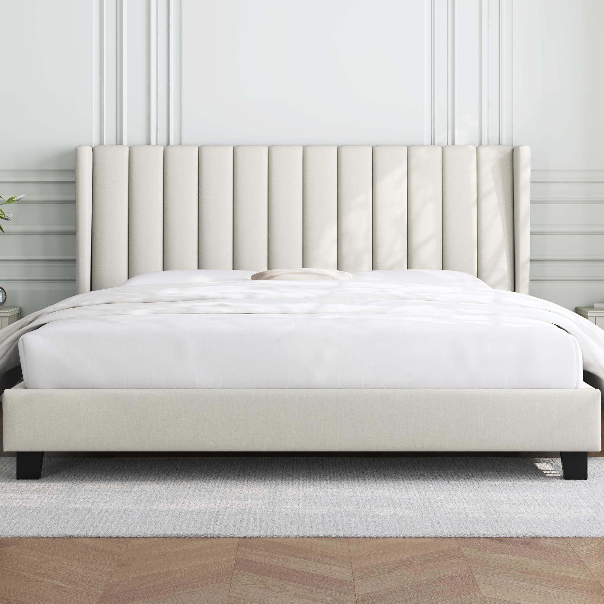 Yaheetech King Bed Frame Upholstered Platform Bed with Fabric Headboard, Wing Edge Design/Non-Slip and Noise-Free/Wooden Slats Support/No Box Spring Needed/Easy Assembly, Dark Gray King Bed