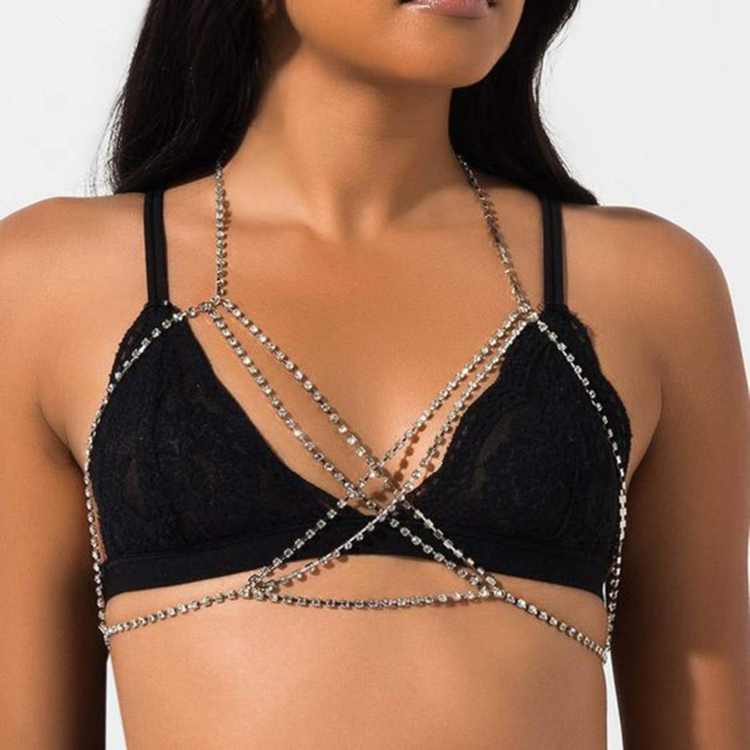 Victray Glitter Rhinestone Body Chain Jewelry Crystal Bikini Bra Chains Sparkly Chest Chain Accessory for Women (Silver)