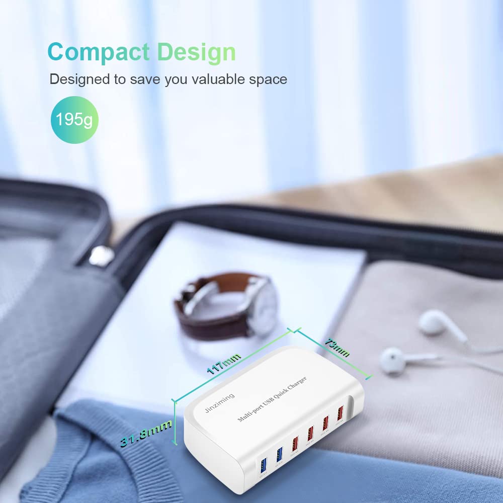 USB Charging Station Wall Charger for Multiple Device 6 Ports Charging Hub USB Power Strip Adapter 84W Phone Charging Block Multi Port QC3.0 Fast Charge Dock Compatible with iPhone iPad Galaxy Tablet