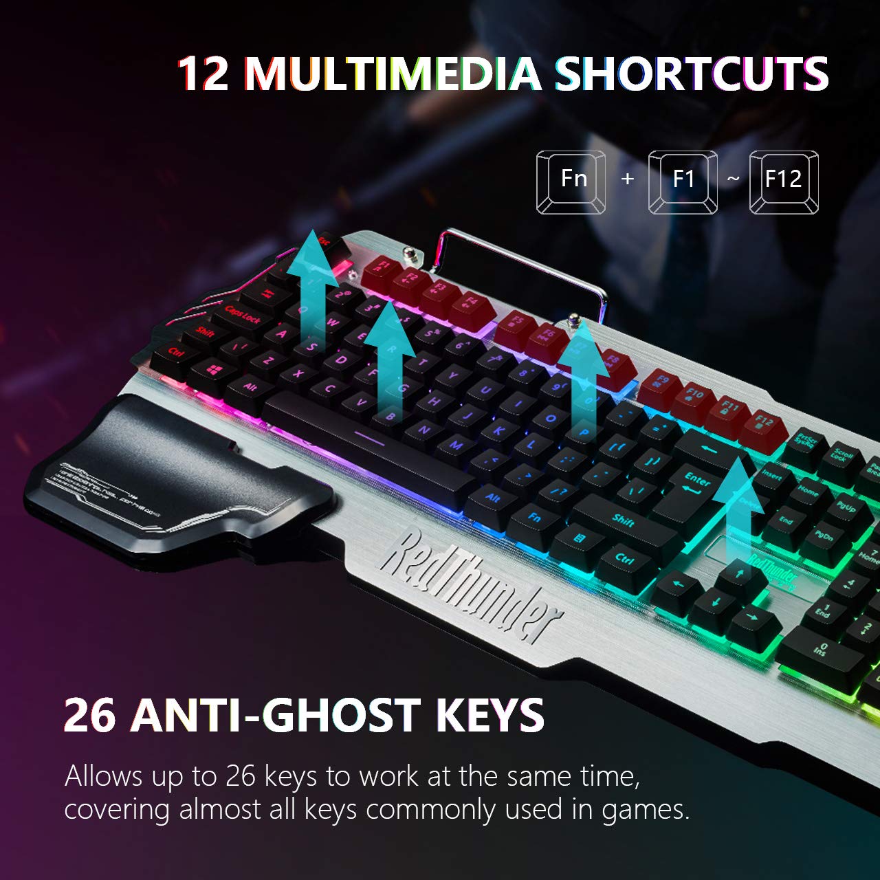 RedThunder K900 Gaming Keyboard, RGB Backlit Semi Mechanical Keyboard with Wrist Rest, Water-Resistant USB Wired Hybrid Ergonomic Keyboard, Teclado Gamer for Desktop Computer PC Mac PS4