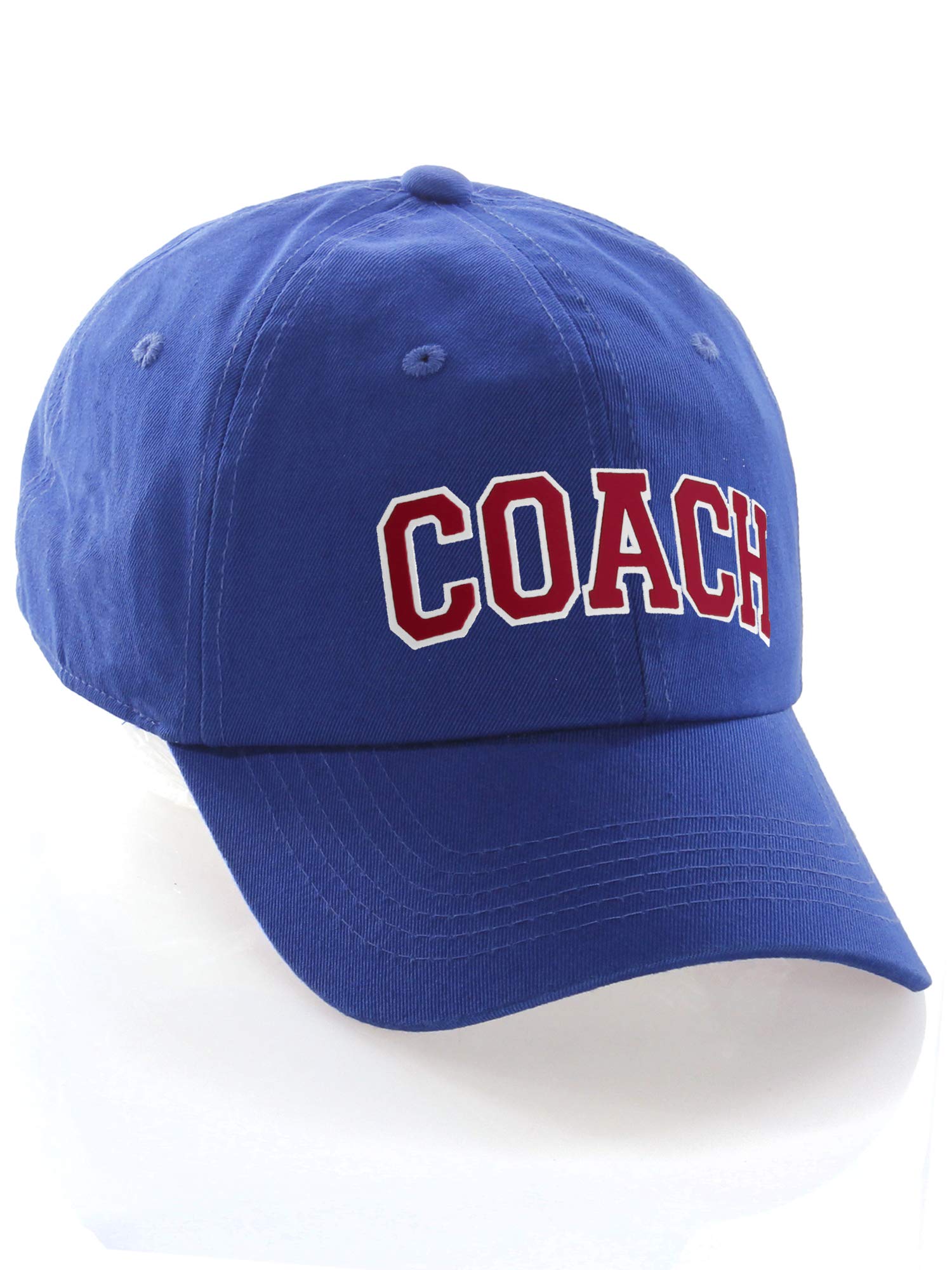 Sports Team Coach Baseball Hat Layered Arch Letters Unstructured Low Profile Cap, Blue Hat White Red Letters