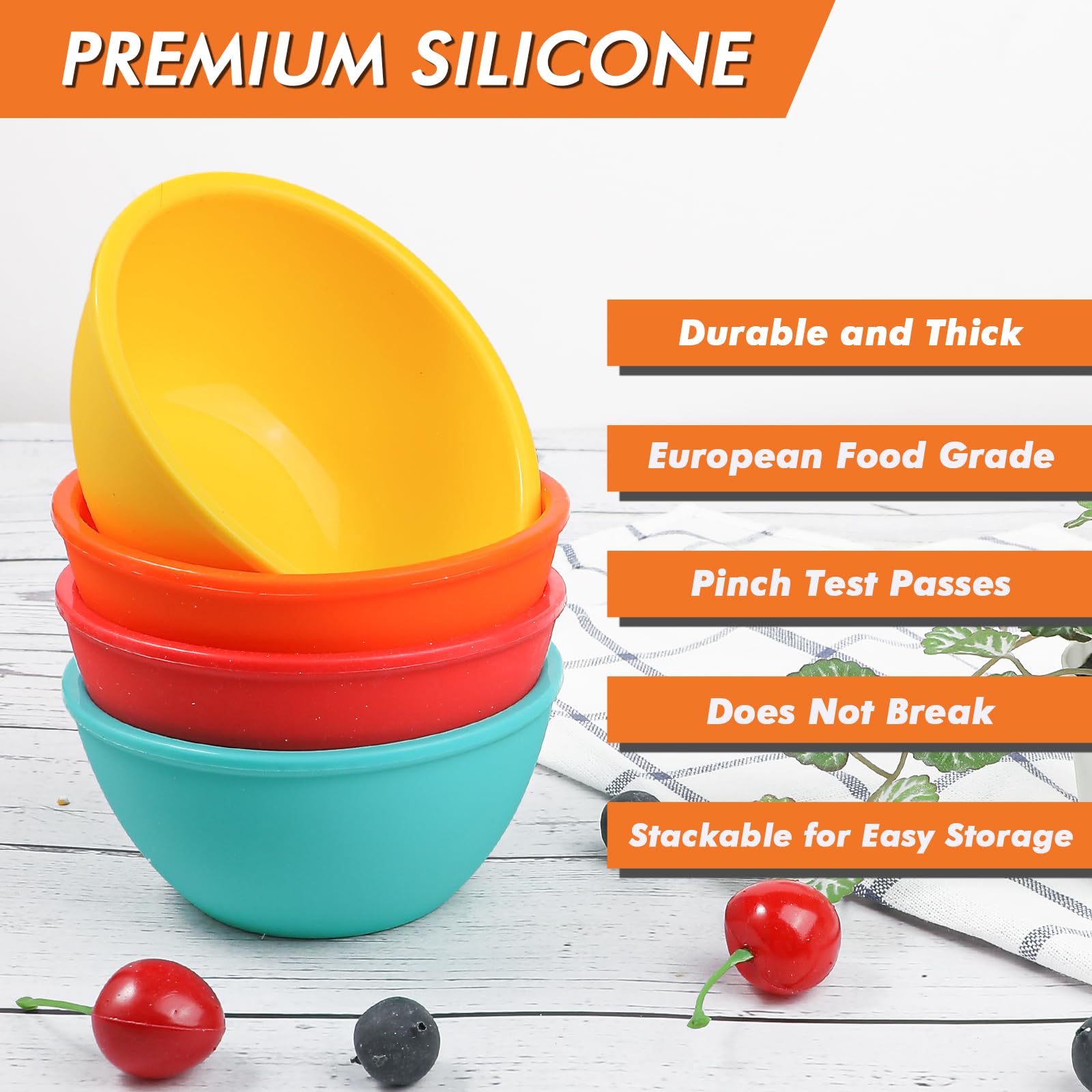 Webake Small Silicone Bowls, 4 Pack 8oz Prep Bowls Unbreakable Ice Cream Snack Bowls Side Dishes Small Bowls for Dipping Prep Dessert Serving, Oven and Dishwasher Safe Ramikens
