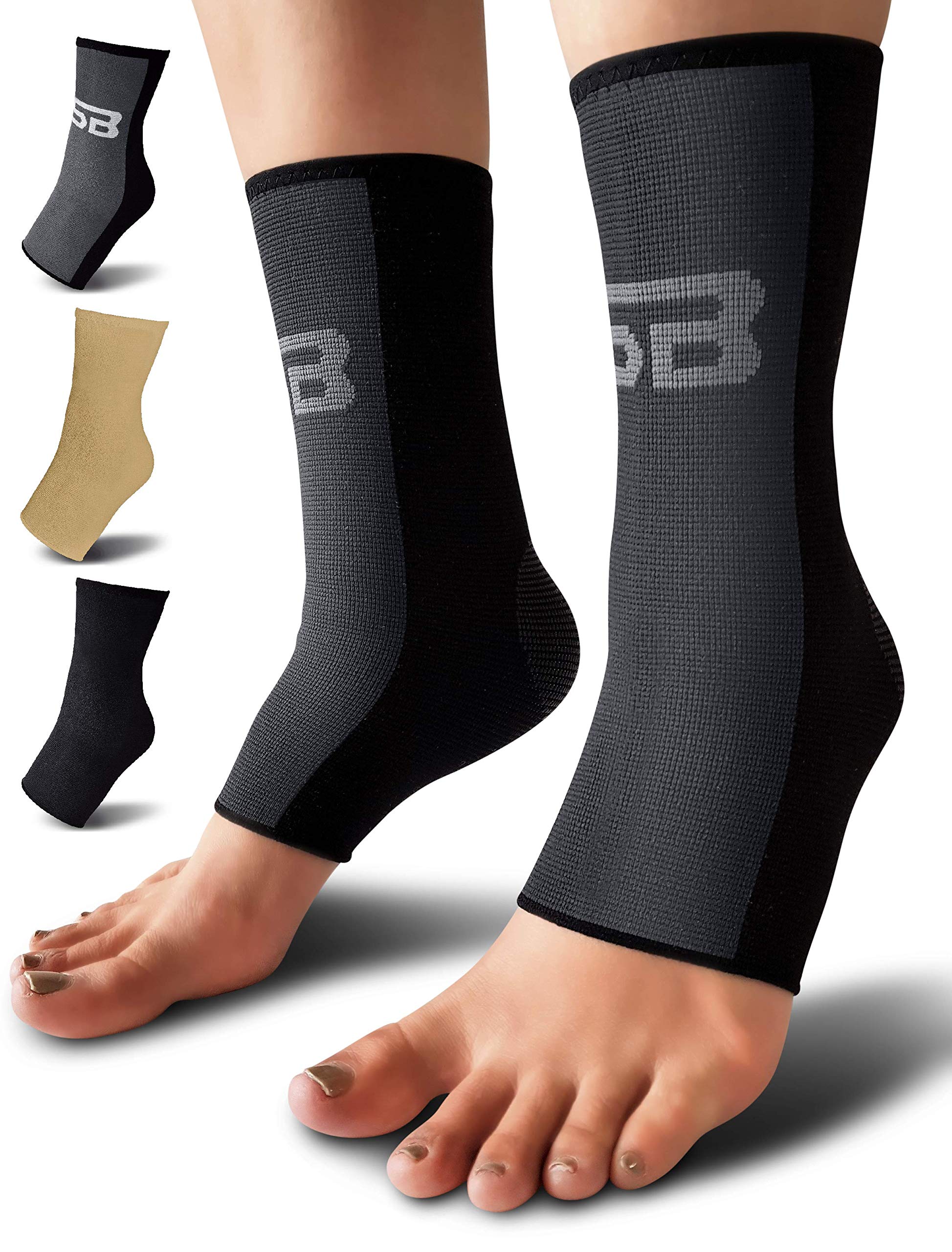 SB SOX Compression Ankle Brace (Pair) – Great Ankle Support That Stays in Place – For Sprained Ankle and Achilles Tendon Support – Perfect Ankle Sleeve for Sports, Any Use (Black/Gray, Large)