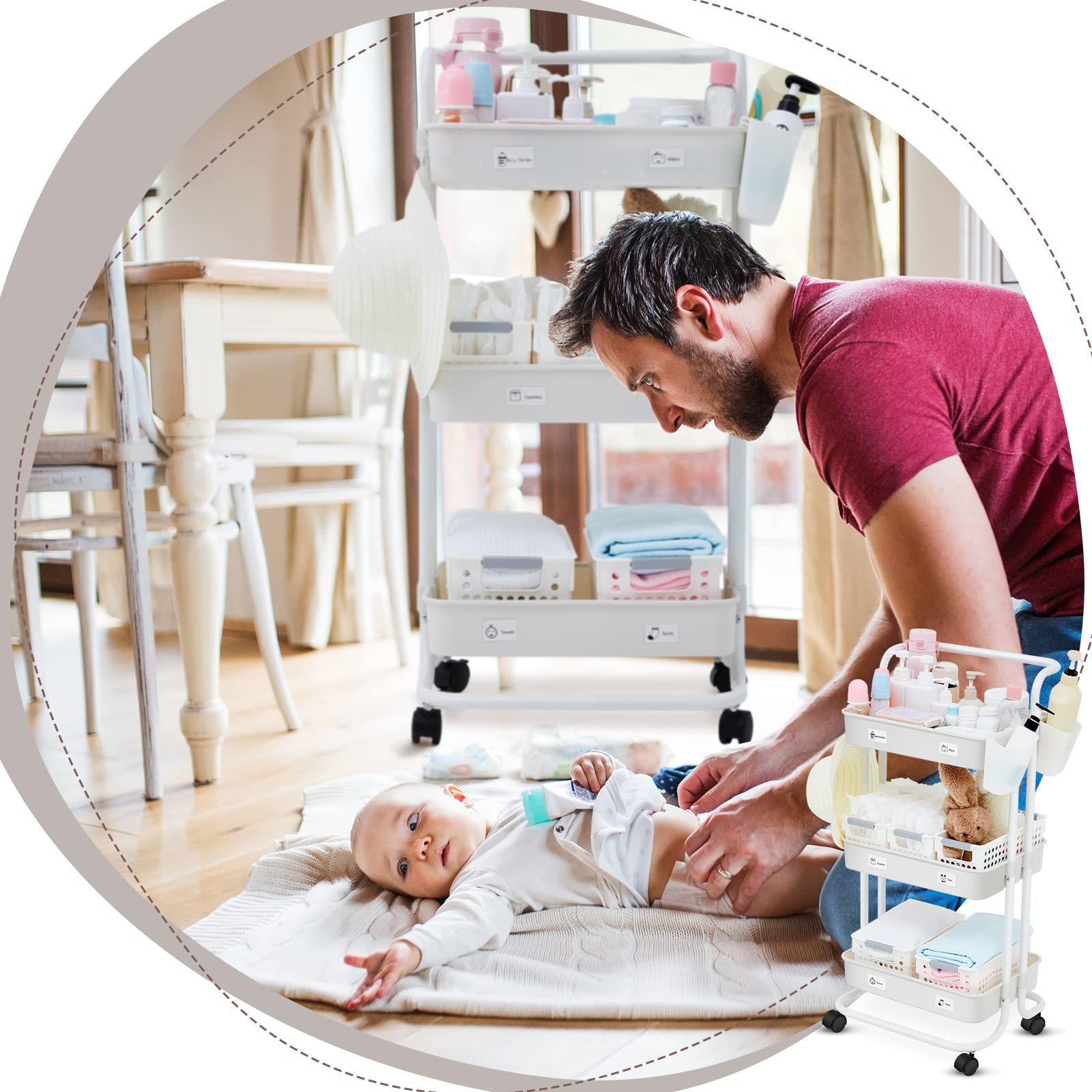 Tanlade Baby Diaper Cart Organizer 3 Tier Diaper Caddy Organizer with Wheels Baby Diaper Storage Organizer Nursery Cart Diaper Caddy with Baskets Hanging Cups Sticker for Crib Changing Table, White