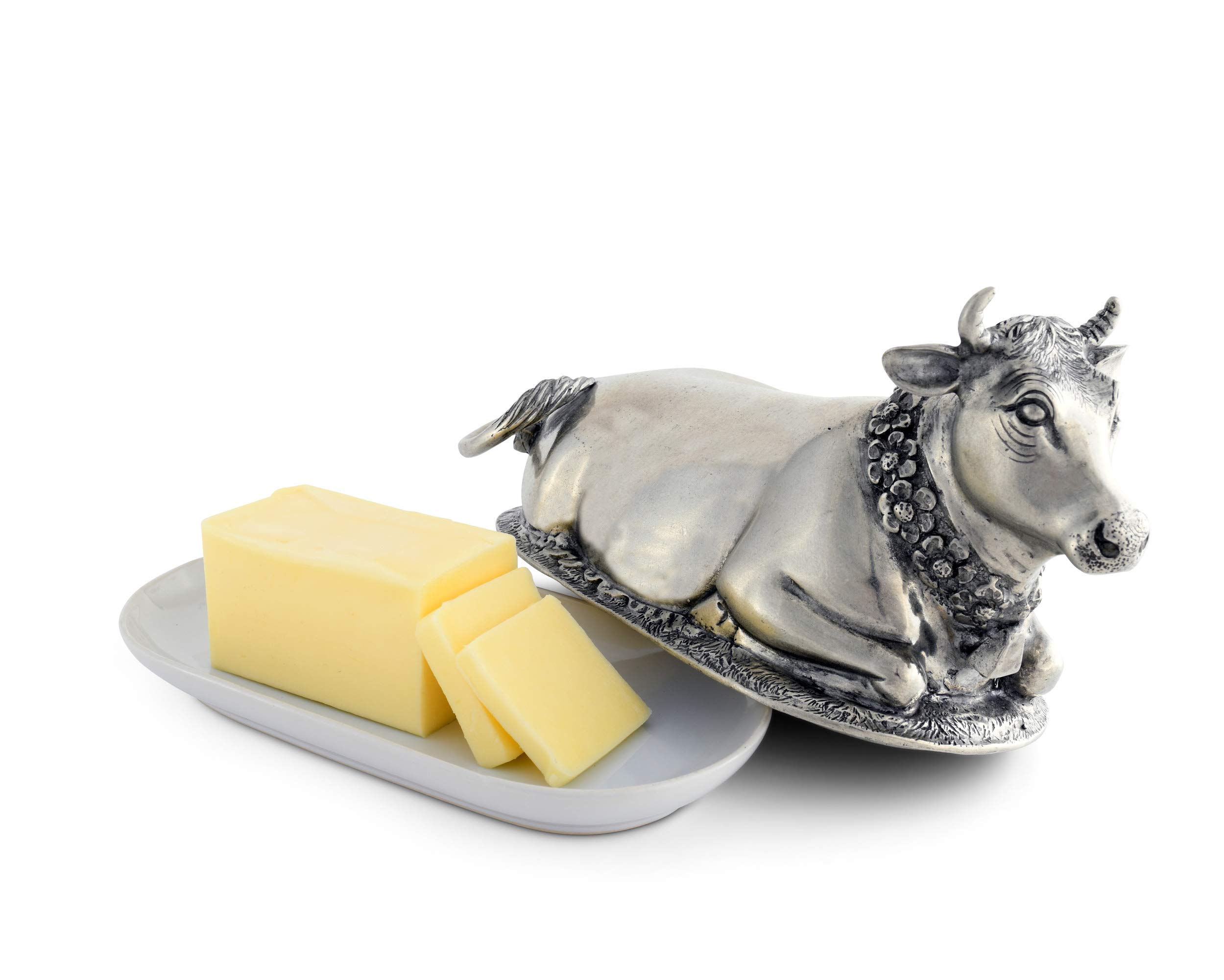 Vagabond House Pewter Metal Mabel the Cow Covered Butter Cream Cheese Dish Container Keeper Heirloom Quality with Stoneware Tray Base 8.5 inch Long