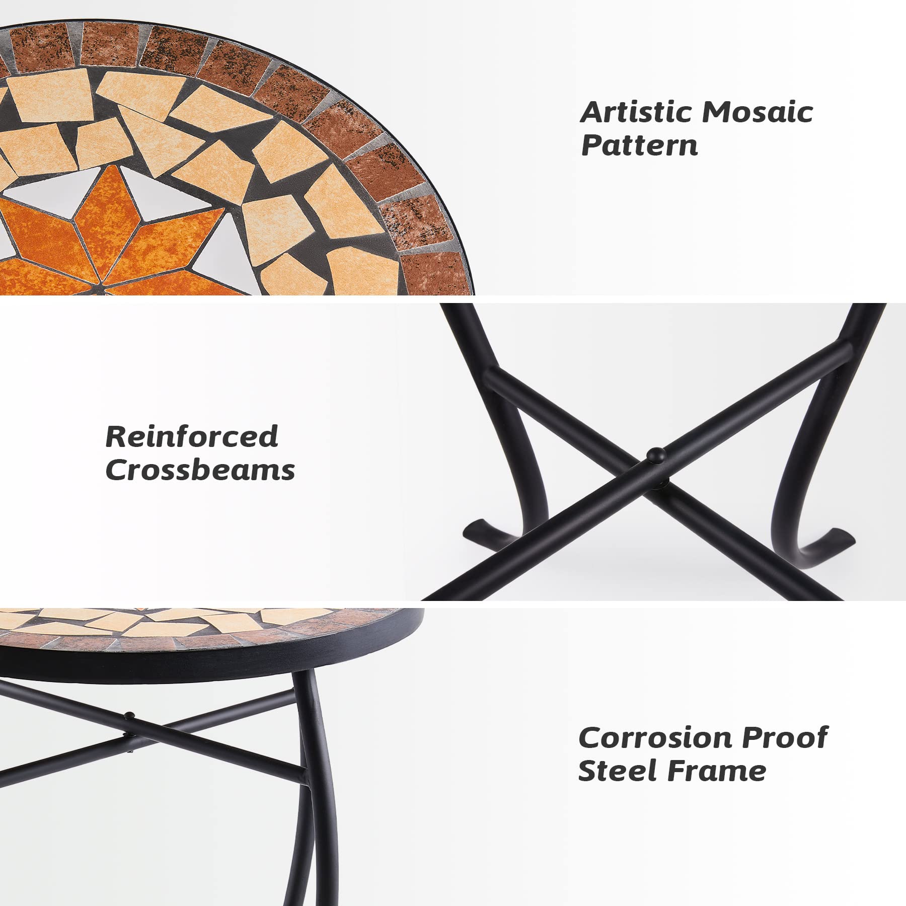VONLUCE 21" Round End Table with 14" Ceramic Tile Top, Indoor & Outdoor Accent Table, Maple + French Vintage Foot Stool with Rustic Wood Legs and Padded Seat