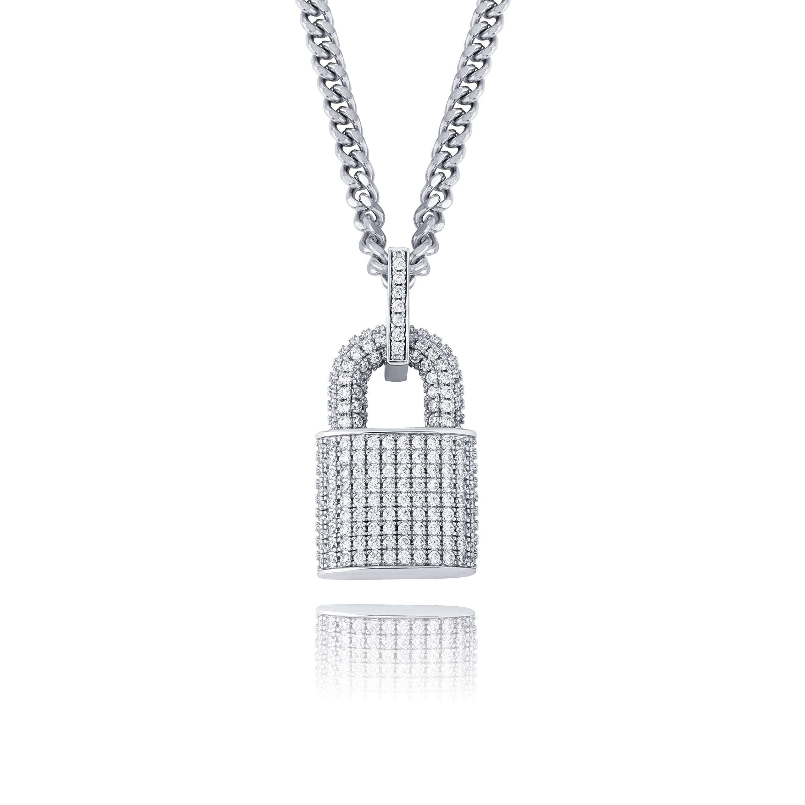 TOPGRILLZ 14K Gold Plated Iced out Lock Pendant Necklace for Women and Women Punk Rock Egirl Eboy Aesthetic Chains Collection Gifts (White Gold)