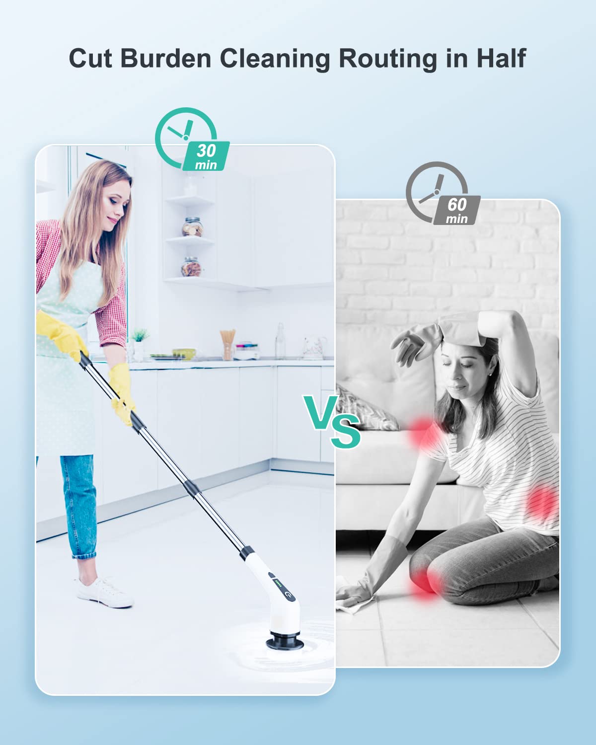 Vaxeple Electric Spin Scrubber, Cordless Cleaning Brush with 54" Adjustable Long Handle and 8 Replaceable Brush Heads, 2 Working Speed Shower Scrubber