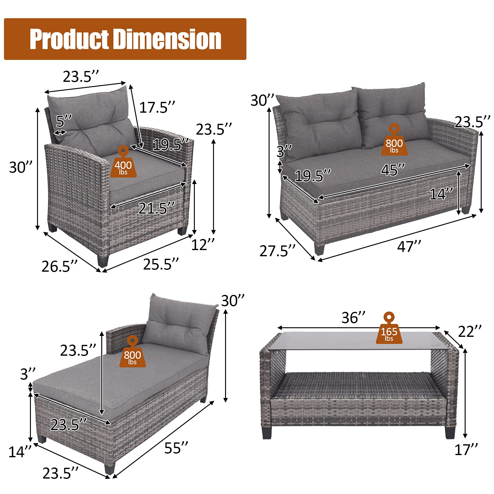 Tangkula 4 Pieces Rattan Conversation Set, Patiojoy Outdoor Furniture Set with Cushions, Lounge Sofa Set with Coffee Table, Patio Sectional Sofa Set for Patio Garden Poolside Backyard (Gray)