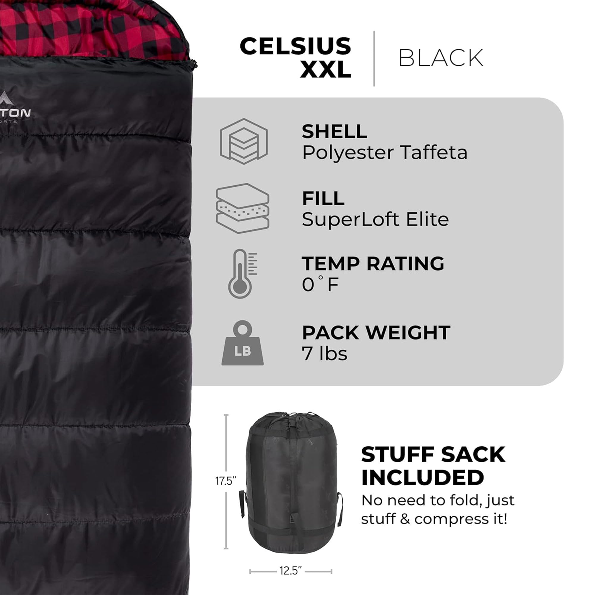 TETON Sports Celsius XXL 0 Degree Sleeping Bag with Compression Sack, Right Zipper, and SuperLoft Elite Material for Camping and Base Camp, Black
