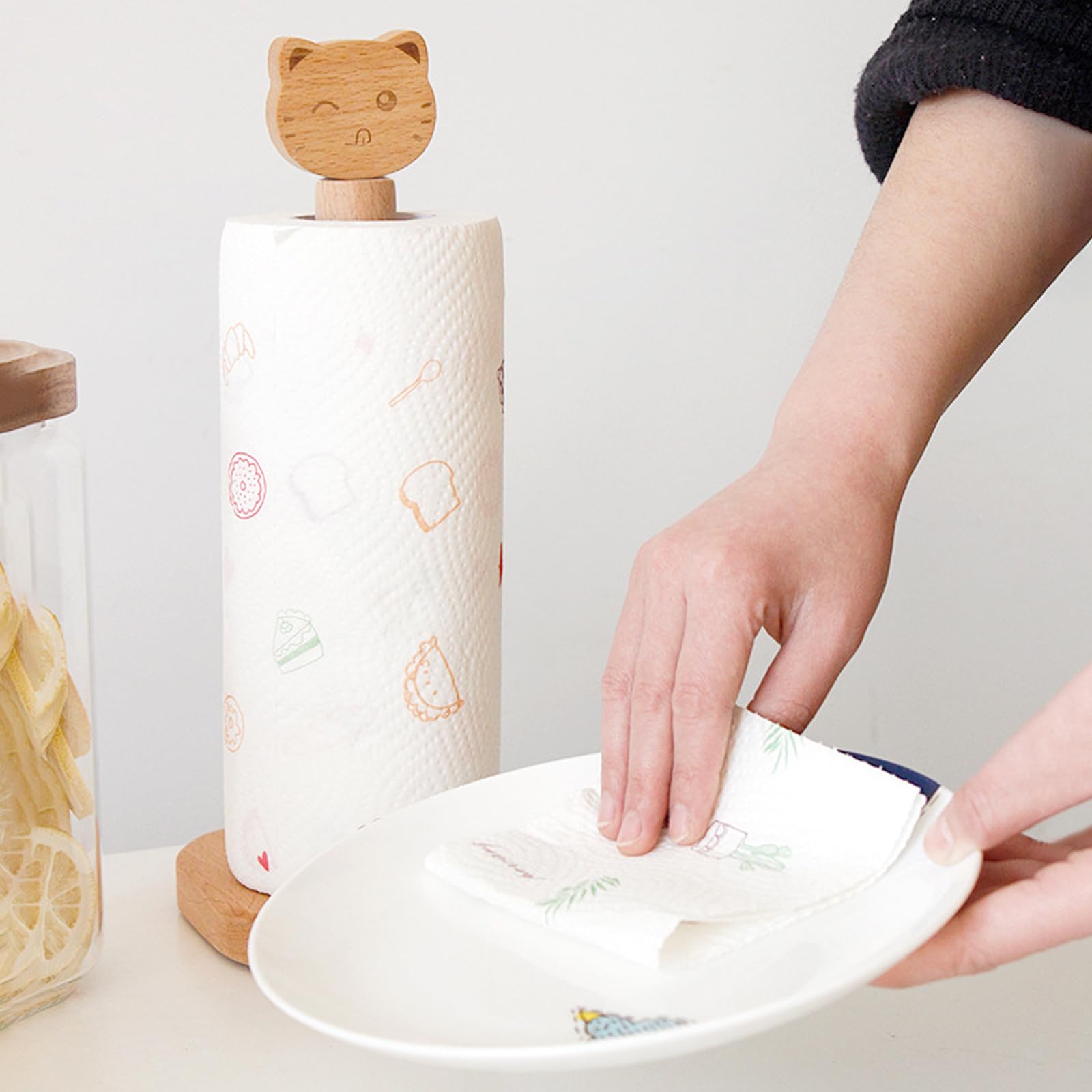 Vinoil Paper Towel Holder Stand - 15.6 Inch Cute Cat Design Kitchen Decor, Wooden Paper Towel Holder Countertop Free Standing,Kitchen Roll Stand Organizer,Scrunchies Holder Stand