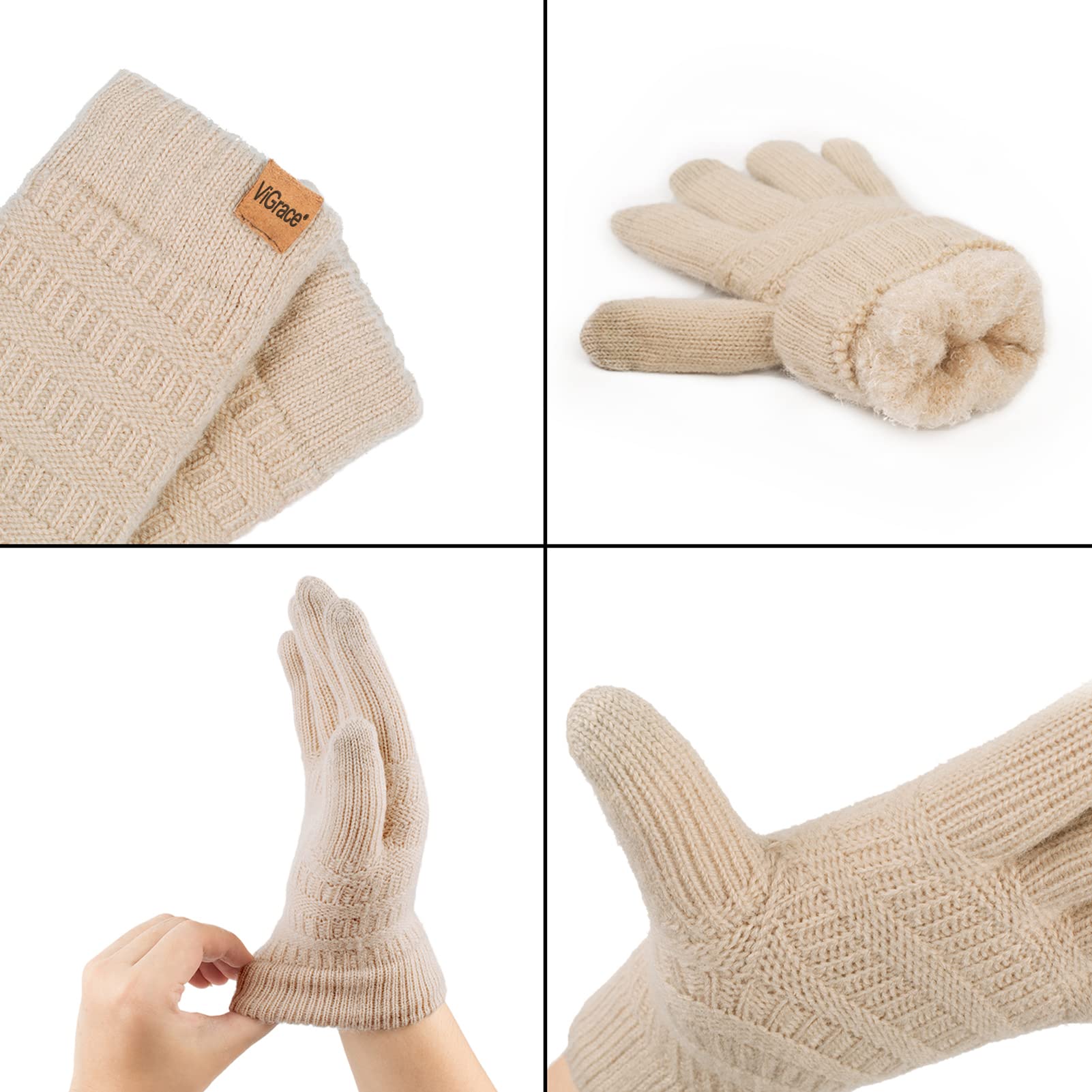 ViGrace Womens Winter Touchscreen Gloves Cable Knit Warm Lined 3 Fingers Dual-layer Touch Screen Texting Thermal Glove for Women