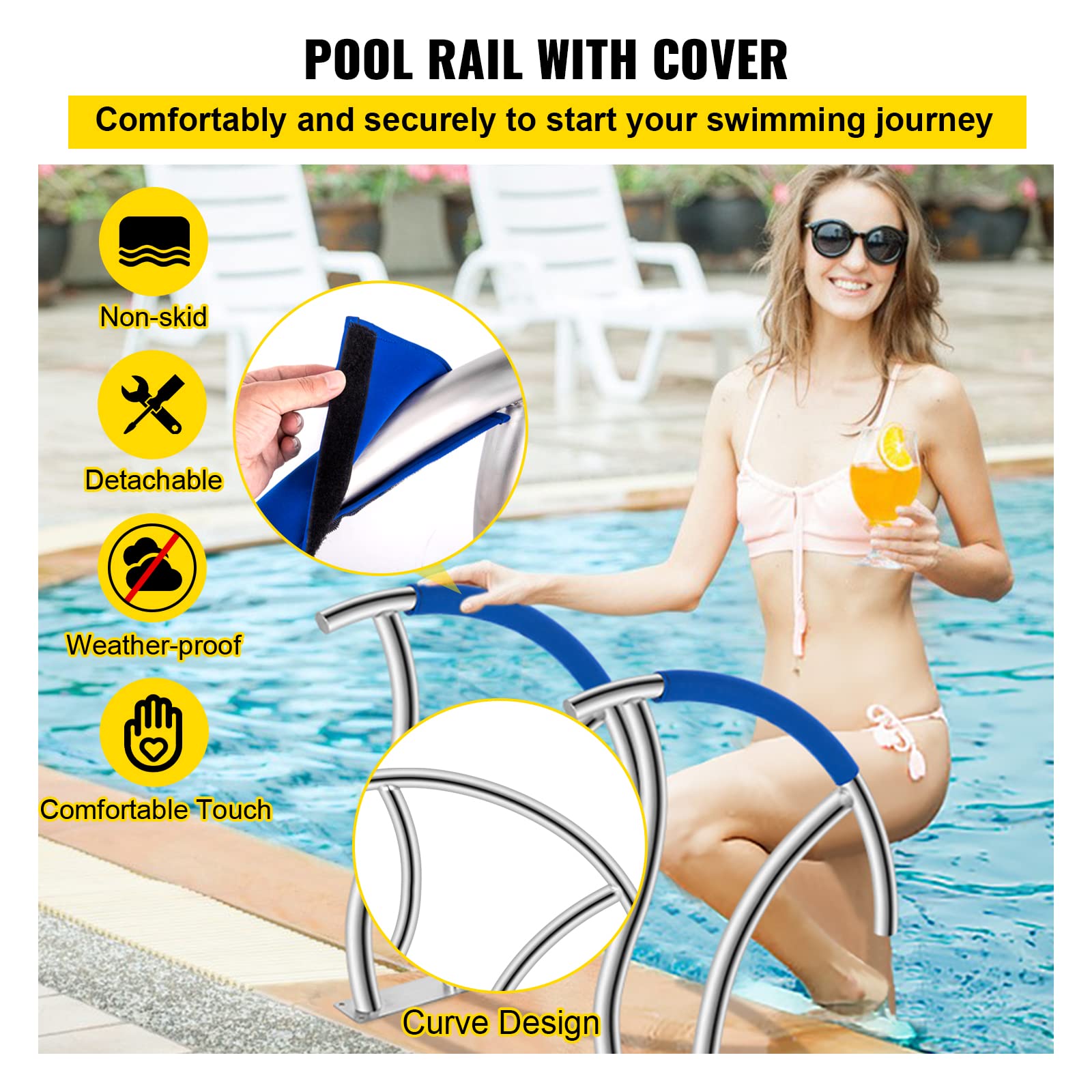 VEVOR Pool Handrail, 2Pack 30"x30" Swimming Pool Stair Rail, 304 Stainless Steel Stair Pool Hand Rail Rated 375lbs Load Capacity, Pool Rail with Quick Mount Base Plate, and Complete Mounting Accessory