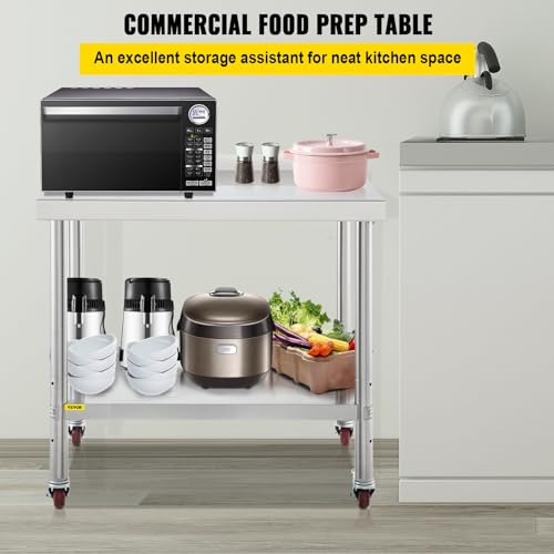 VEVOR Stainless Steel Prep Table, 30 x 24 x 35 Inch, 440lbs Load Capacity Heavy Duty Metal Worktable with Backsplash Adjustable Undershelf & 4 Casters, Commercial Workstation for Kitchen Restaurant