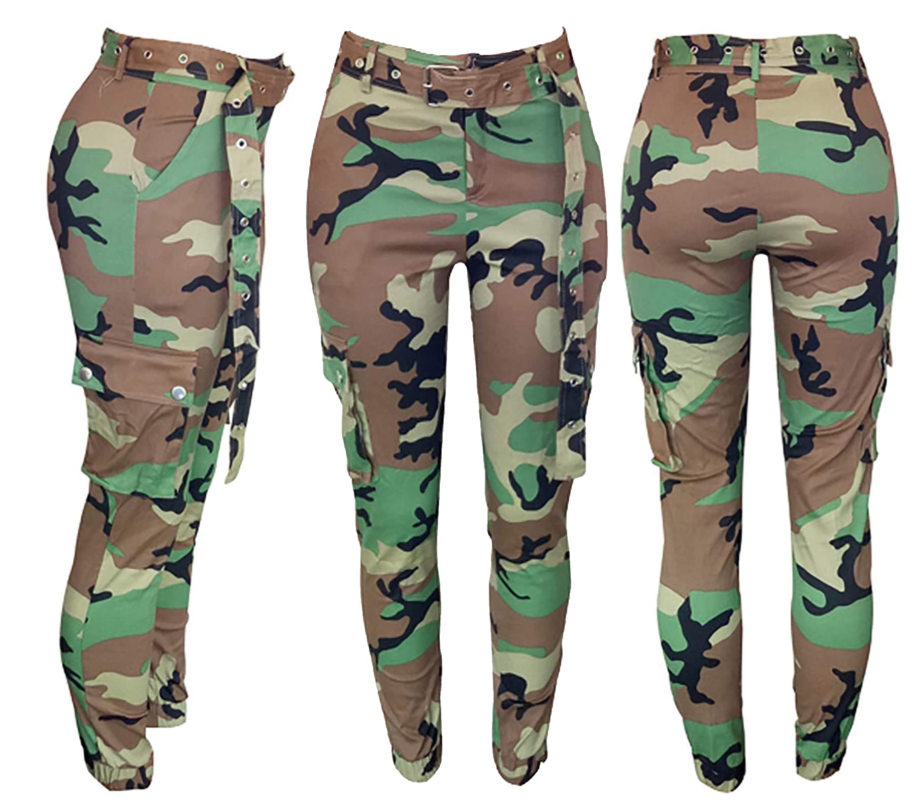 Vakkest Women's Camo Cargo Pants High Waist Slim Fit Trousers Camouflage Active Jogger Pocket Sweatpants with Belt