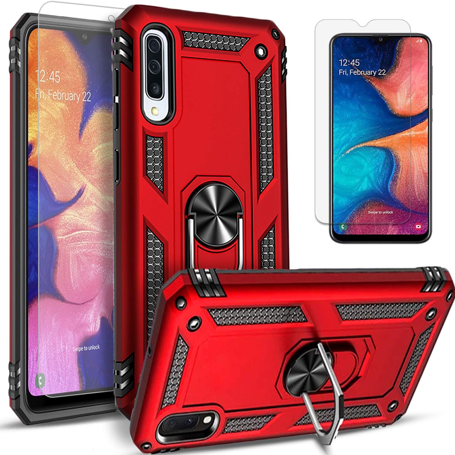 STARSHOP Samsung Galaxy A50 Phone Case, with [Tempered Glass Screen Protector Included], Military Grade Shockproof Drop Protection Phone Cover with Metal Ring Kickstand - Scarlet