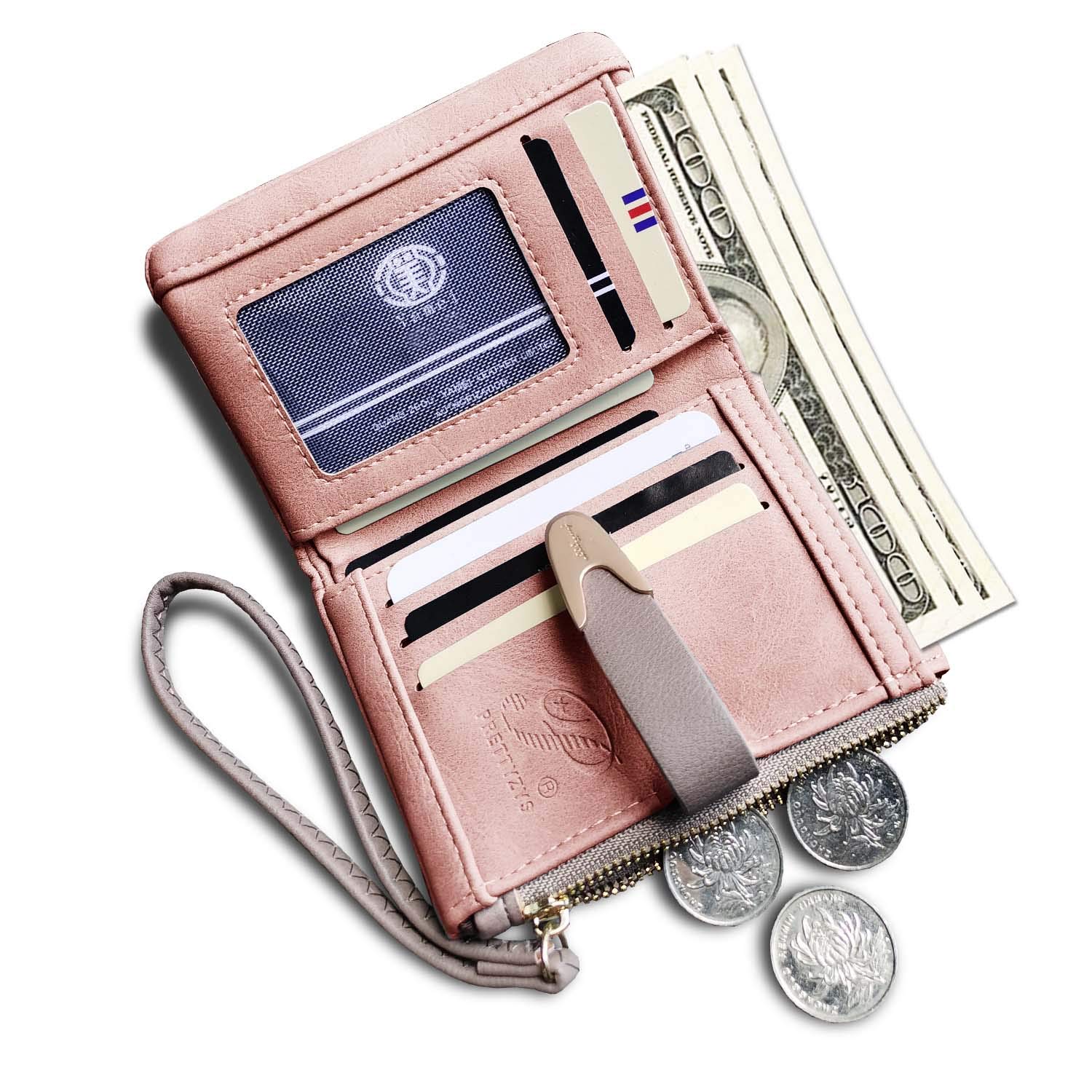 TOPKULL Wallets for Women Rfid Small Compact Bifold short Wallet,Ladies Wristlet Zipper Coin Purse (Pink)