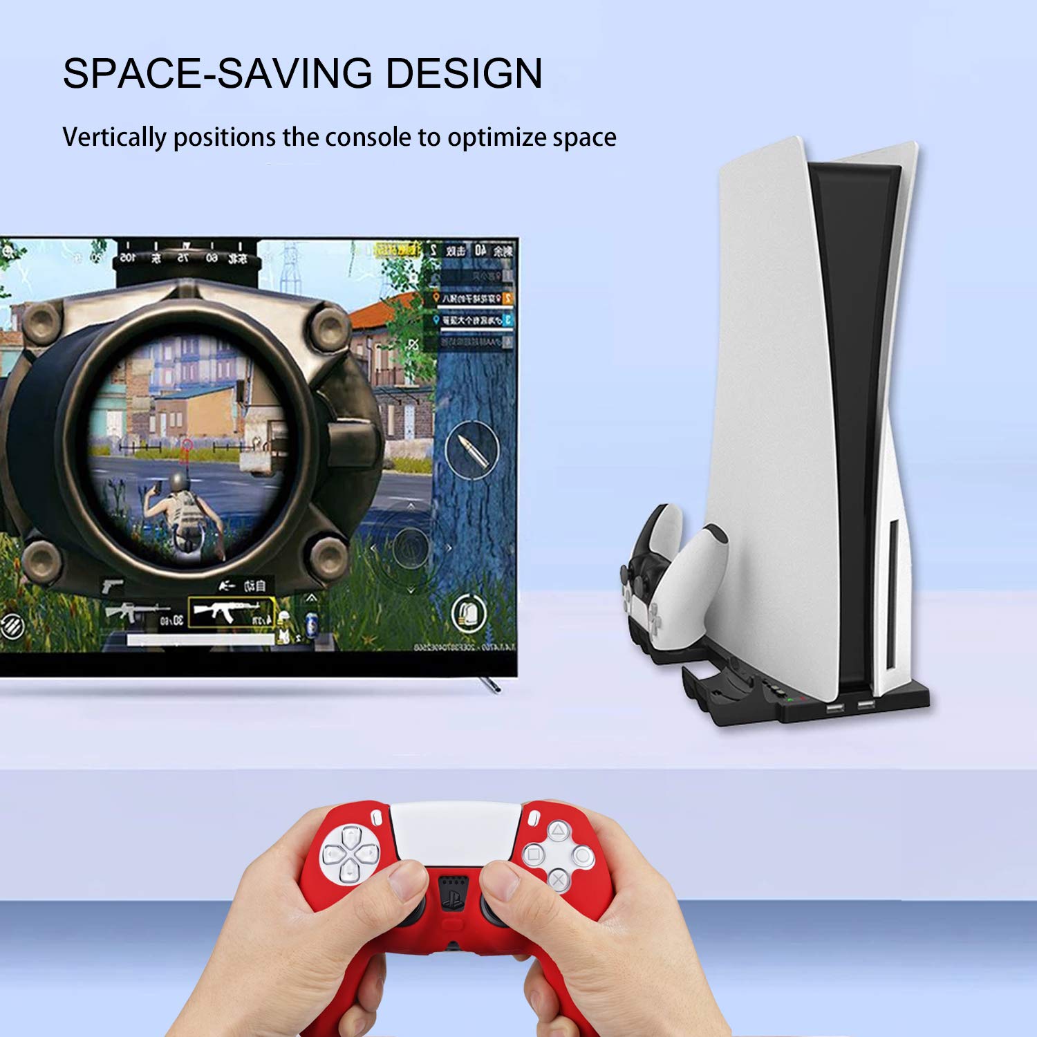 TPLGO Vertical Stand for PS5 Disc/Digital Edition Console with Dual Controller Charging Station Dock and 2 USB Charger Ports