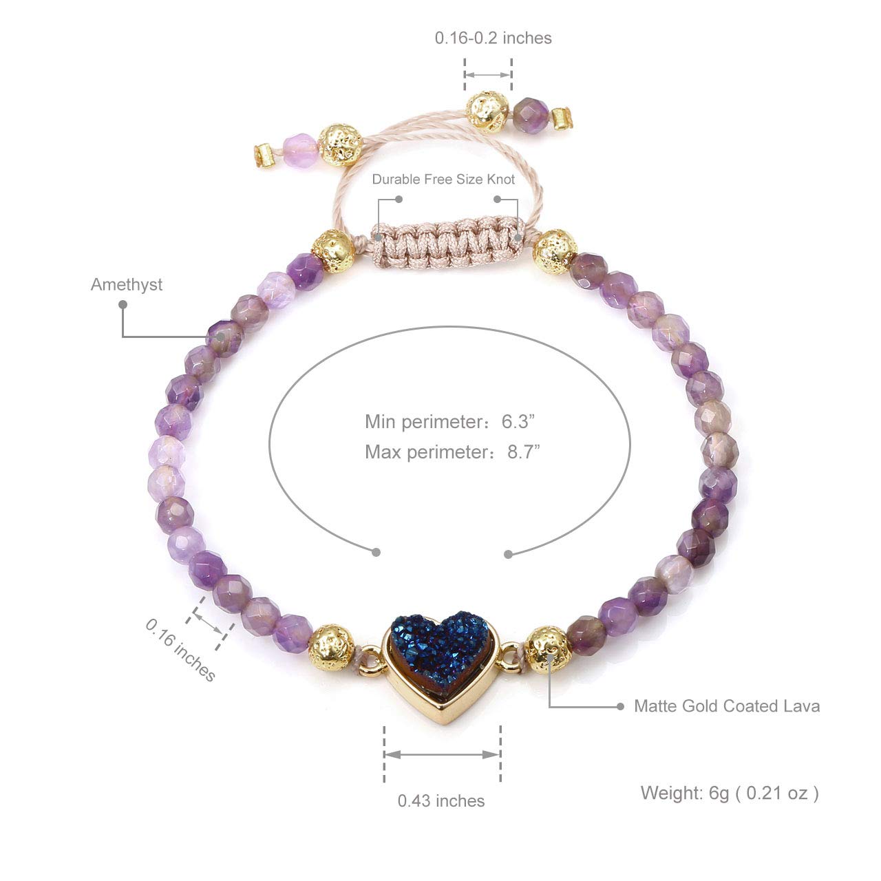 Top Plaza Womens 4mm Amethyst Beads Chakra Healing Crystal Bracelet Gold Lava Rock Stone Adjustable Bracelets With Heart Shape Druzy Charm