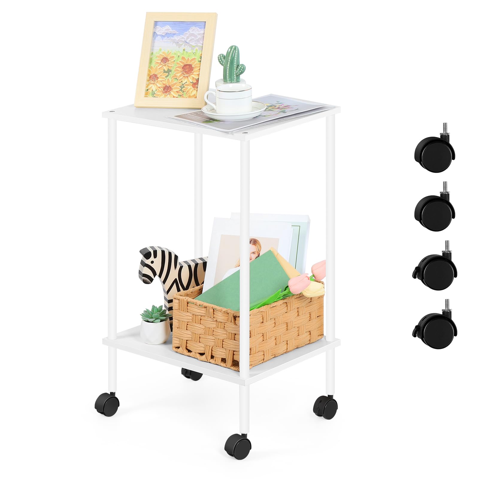 Vrisa End Tables Living Room Industrial Narrow Side Tables Nightstand with Wheels Bedside Table with Storage Shelves for Small Spaces Bedroom Living Room Guest Room Couch, White