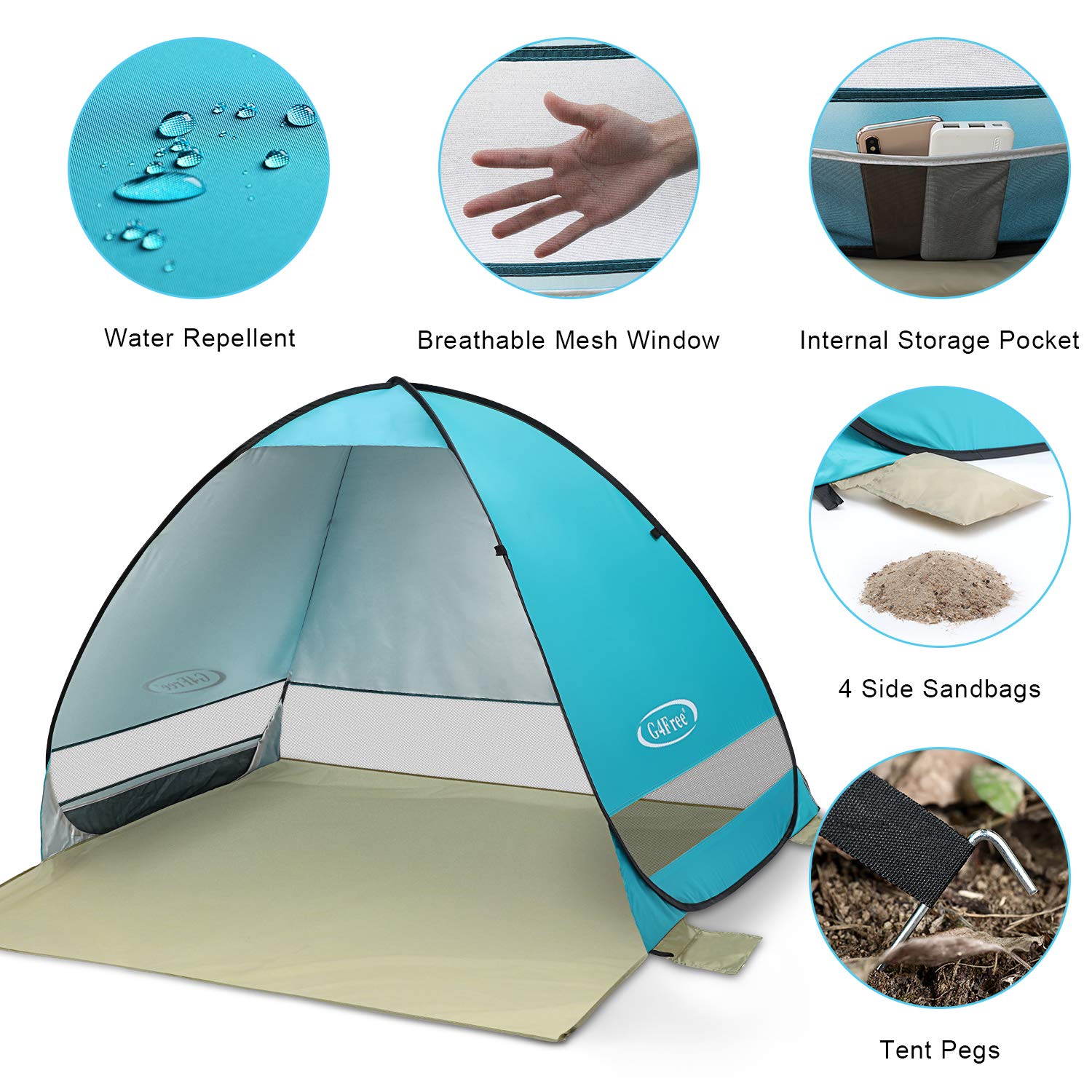 G4Free Large Pop up Beach Tent for 3-4 Person, UPF 50+ Automatic Sun Shelter Canopy Portable Outdoor Cabana Sun Umbrella