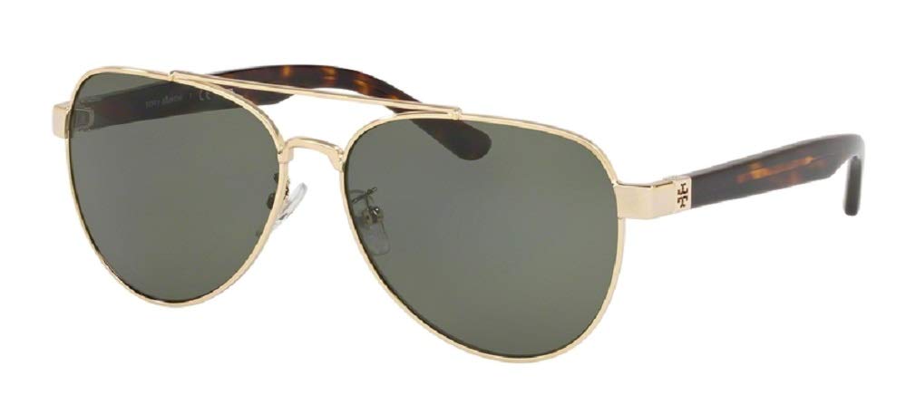 Tory Burch TY6070 32729A 57M Shiny Light Gold Metal/Dark Green Polarized Aviator Sunglasses For Women+ BUNDLE with Designer iWear Eyewear Kit