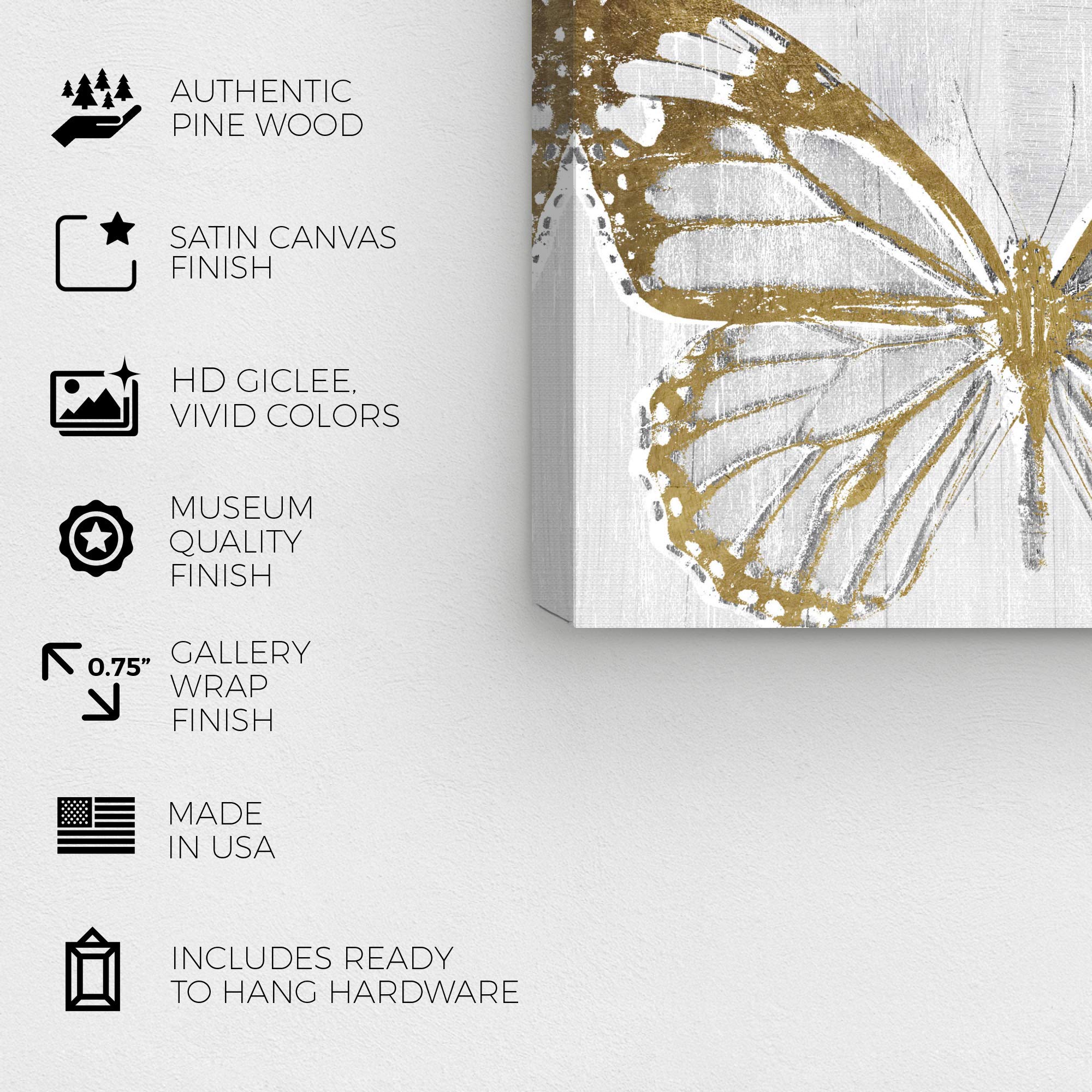 Wynwood Studio Animals Wall Art Canvas Prints 'Golden Butterflies' Home Décor, 20" x 30", Gold, White