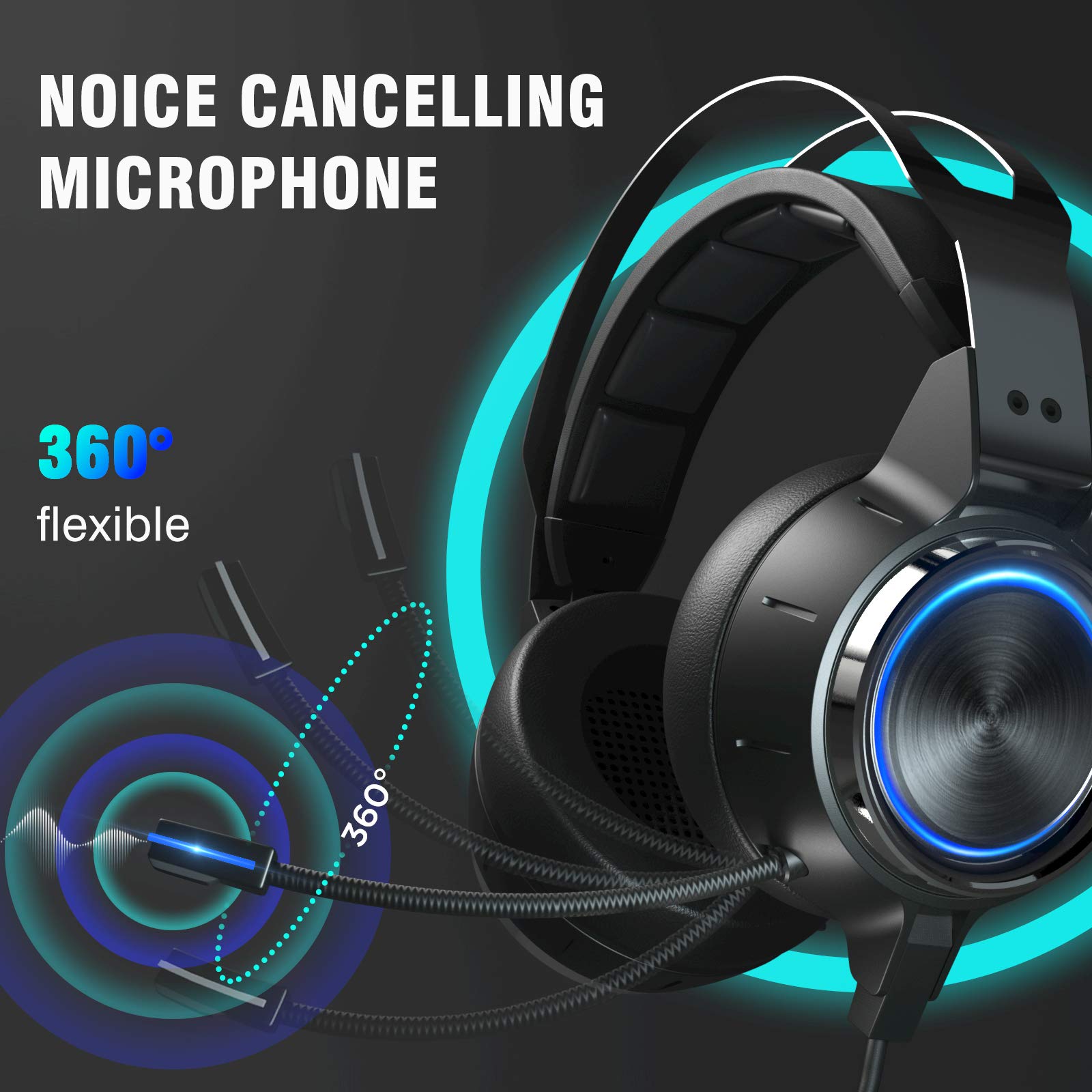 VOKYO Ultralight Gaming Headset PS4 Headset with 7.1 Surround Sound, Noise Cancelling Mic Flowing Gaming Headphone with LED Soft Memory Earmuffs-Works for Xbox One PS5 PS4 Controller PC Laptop