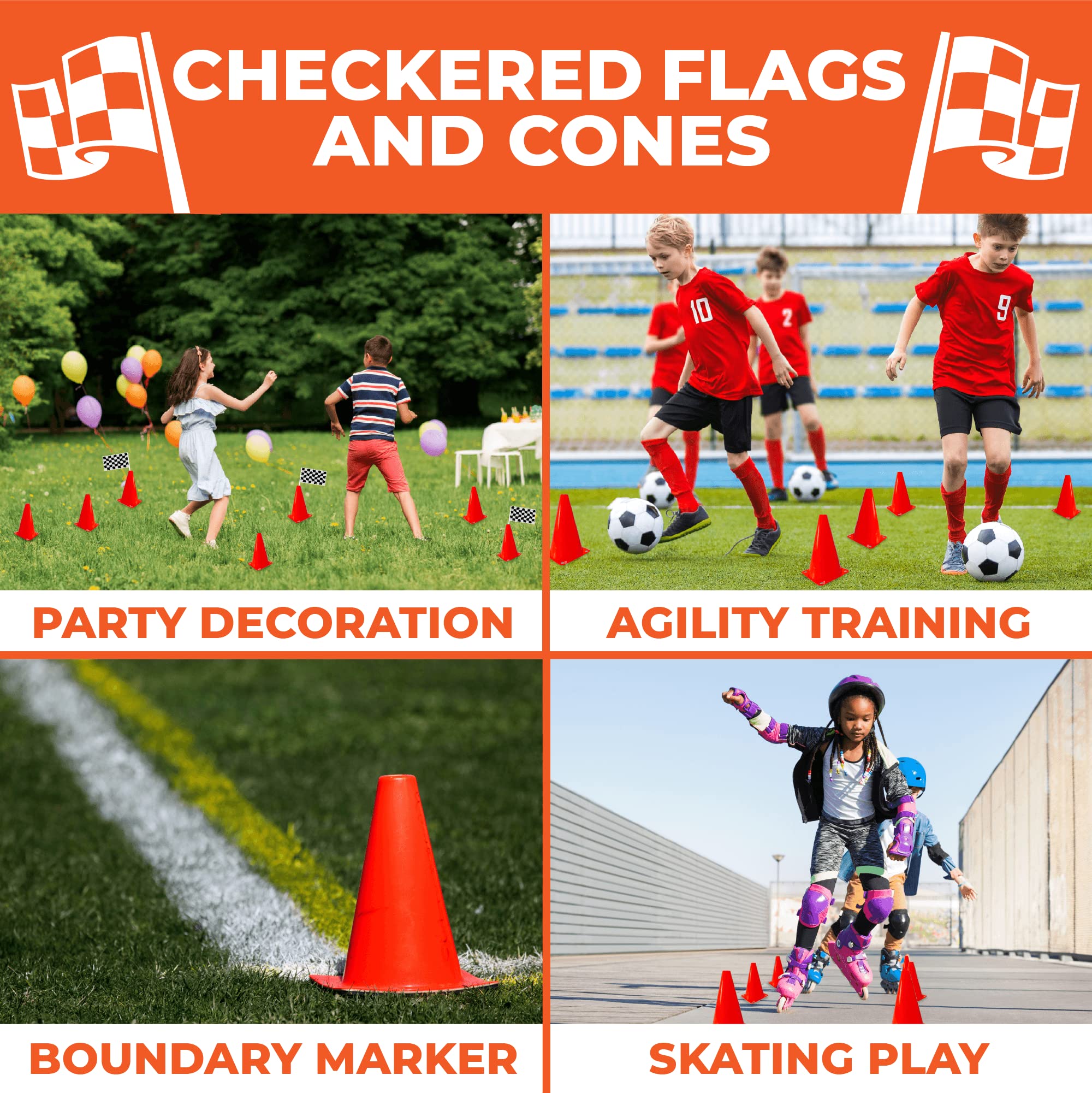 Toysery 24 Pieces Mini Traffic Cones and Checkered Racing Flags - Race Car Birthday Decorations Party Set, Ideal for Outdoor Activity and Obstacle Course Fun as Car Decorations