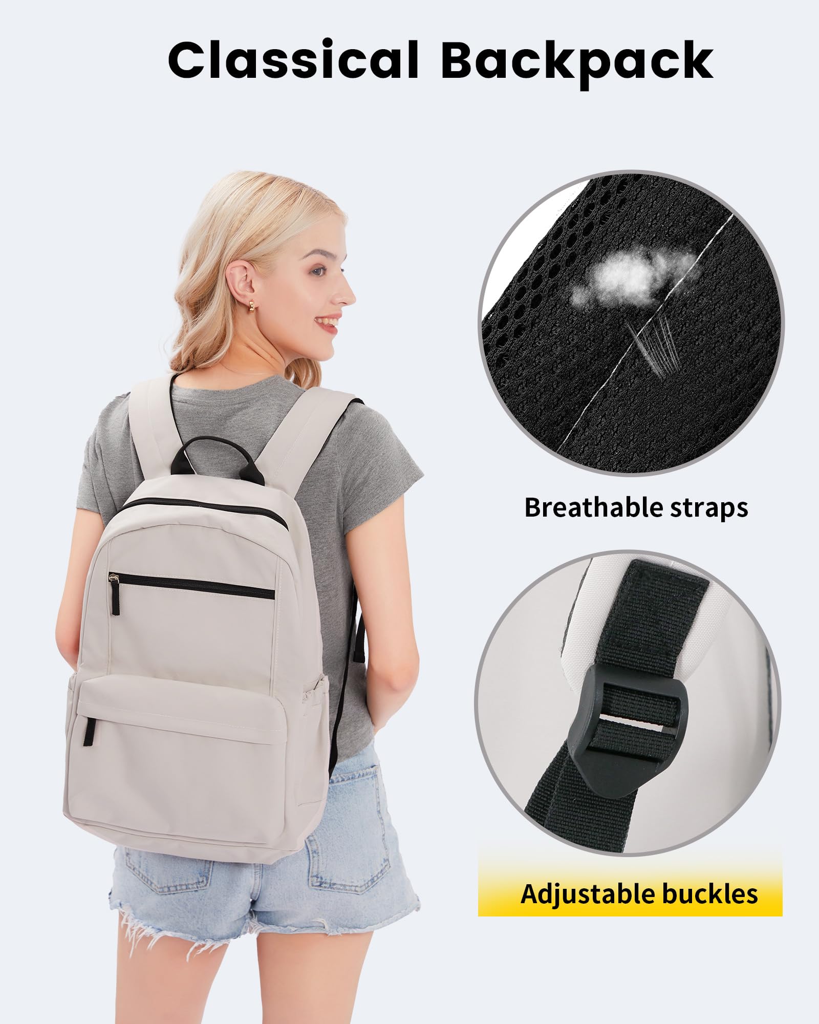 Vorspack Backpack for Men and Women - Lightweight Backpack Classical Basic Bookbag with Multi-pockets Casual Daypack for College Workplace Travel - Beige