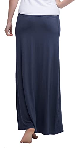 Urban CoCo Women's Stylish Spandex Comfy Fold-Over Flare Long Maxi Skirt (M, Navy Blue)