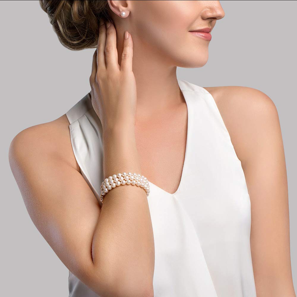 The Pearl Source 14K Gold 6-7mm AAAA Quality Round White Triple Freshwater Cultured Pearl Bracelet for Women