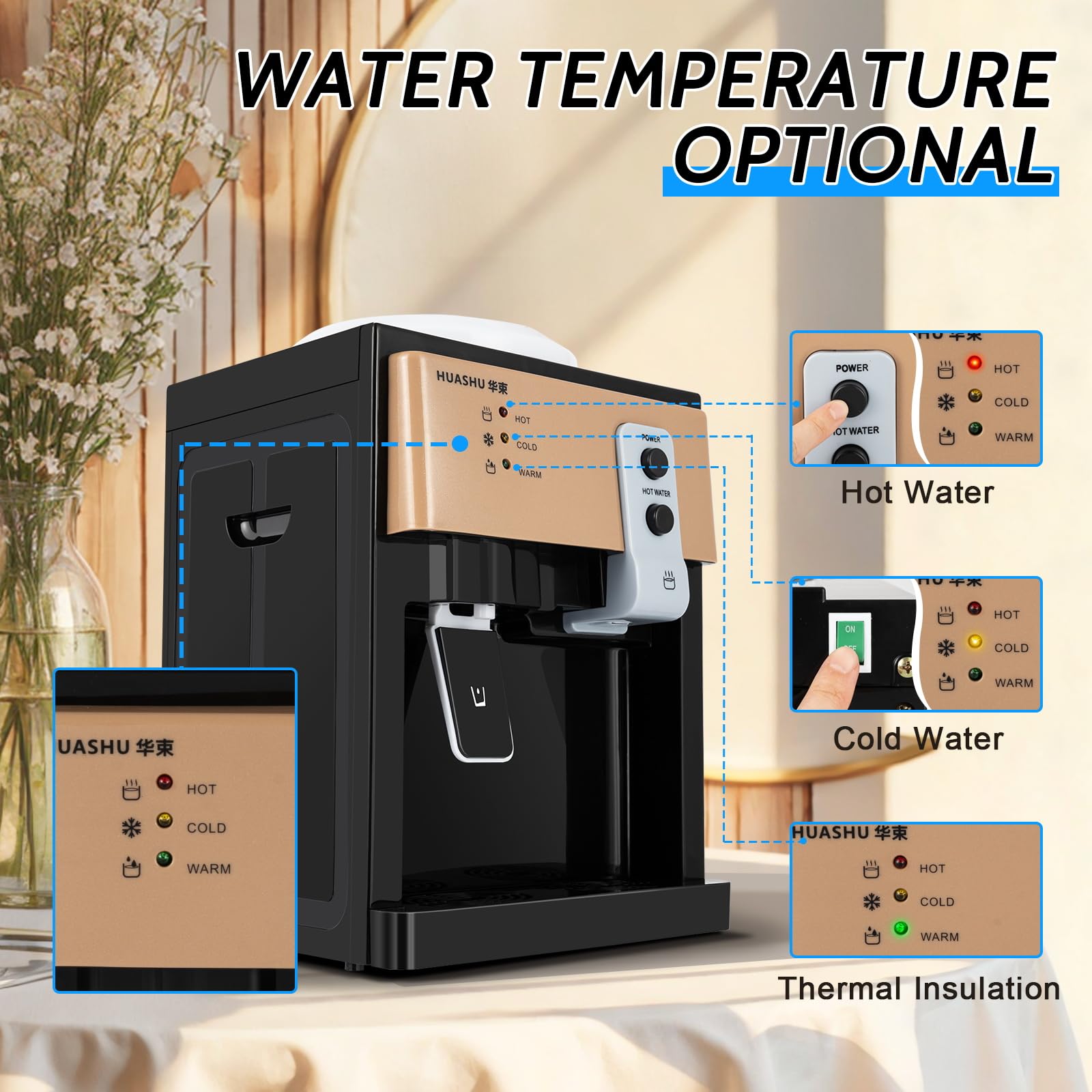Top Loading Cooler Dispenser-Water Dispenser for 5 Gallon Bottle Desktop Electric Hot and Cold Dispenser, 3 Temperature Settings Boiling Water, Normal Ice Water(46-59℉) for 1 to 5 Gallon Bottles