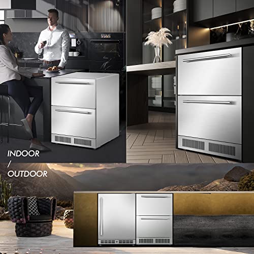 Vesgold 24 inch wide drawer refrigerator, built-in wine and beverage refrigerator under the counter, weatherproof, indoor and outdoor refrigerators, all-stainless steel cooler.