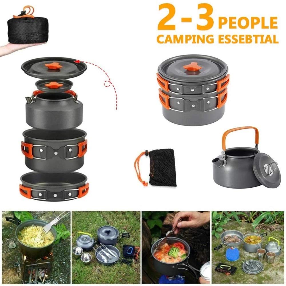 YFDM Camping Cookware Kit Outdoor Aluminum Cooking Set Water Kettle Pan Pot Travelling Hiking Picnic BBQ Tableware Equipment