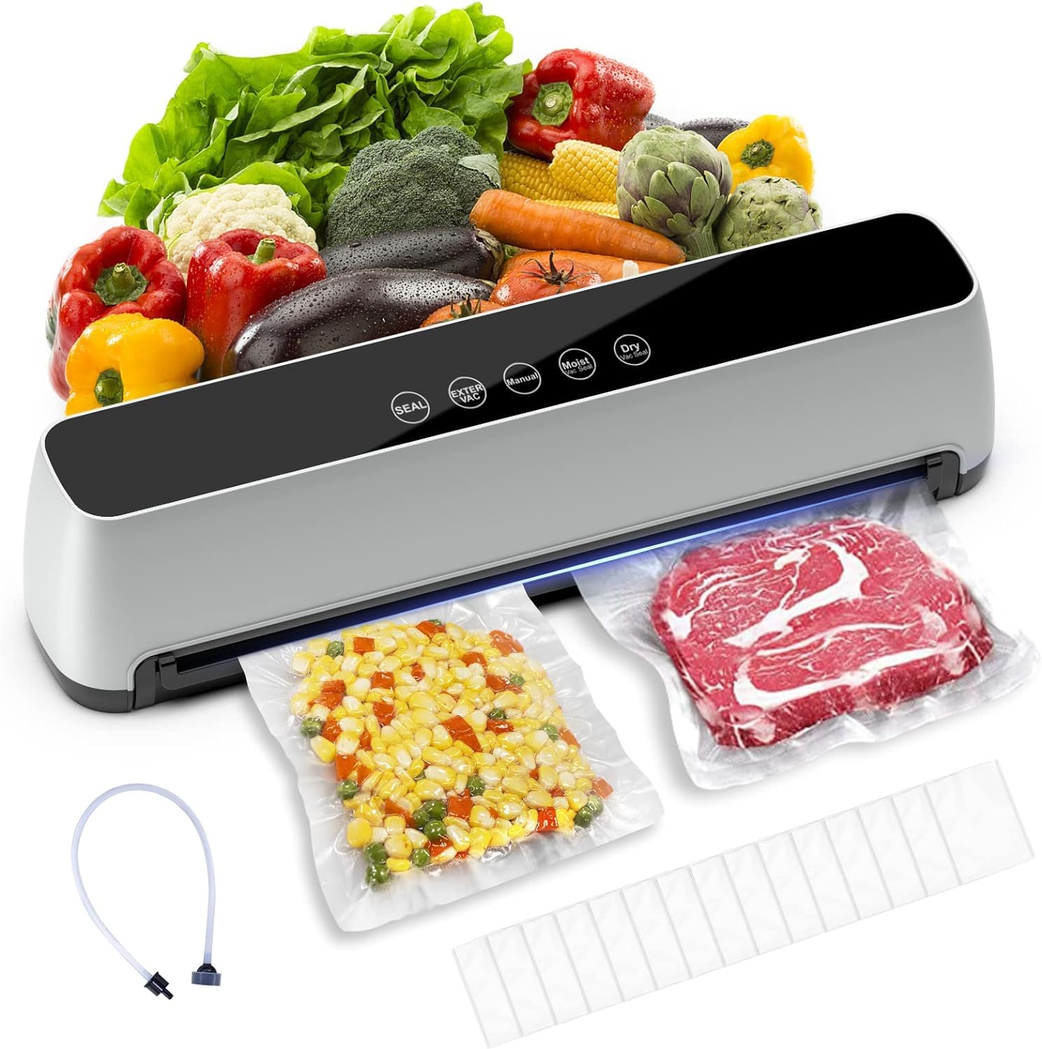 Vacuum Sealer Machine New Upgraded One-Touch Full Automatic Vacuum Sealer with LED Touch Screen Indicator Lights,Air Sealing System for Food Storage Dry/Moist Modes with 15 Seal Bags and 1 Hose.