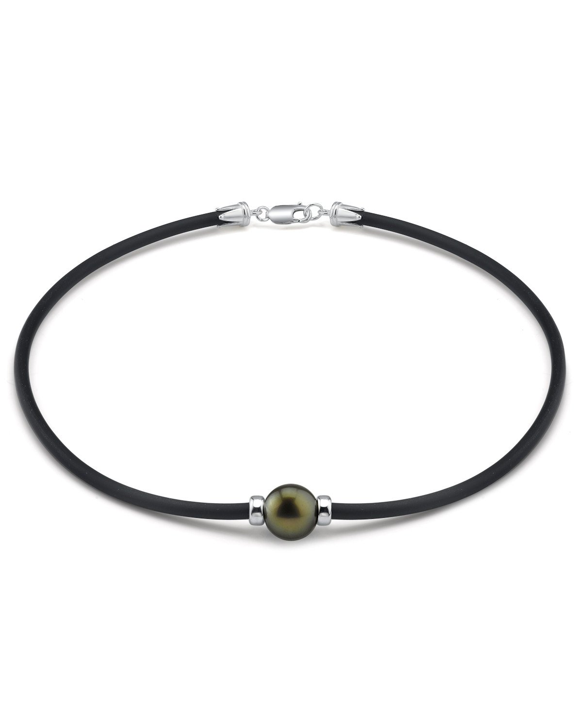 The Pearl Source Sterling Silver 11-12mm Round Genuine Black Tahitian South Sea Cultured Pearl Rubber Necklace in 16" Choker Length for Women