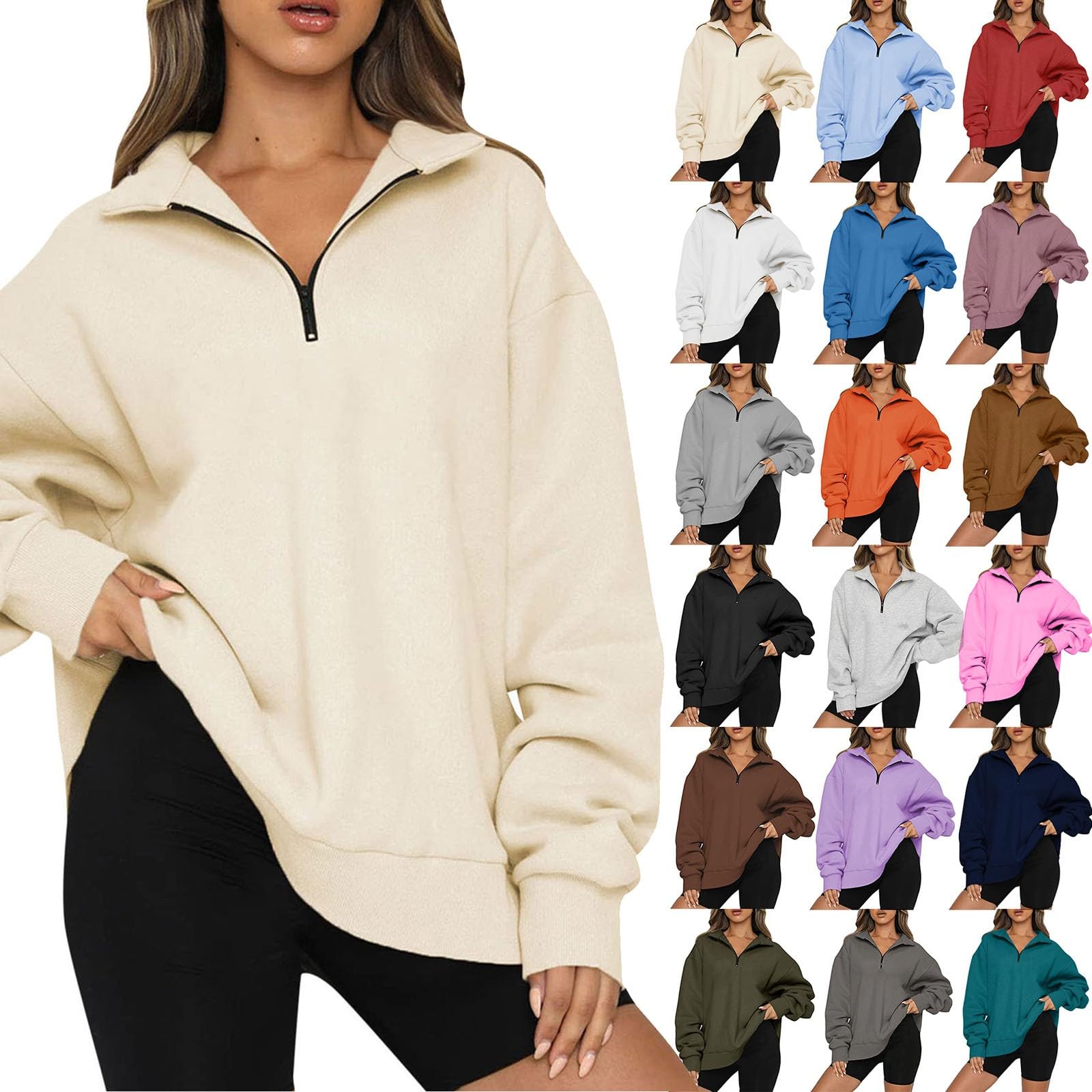 Somacperiy Women Half Zip Oversized Sweatshirts Long Sleeve Drop Shoulder Fleece Workout Hoodies Pullover Y2K Clothes(Beige,Large)