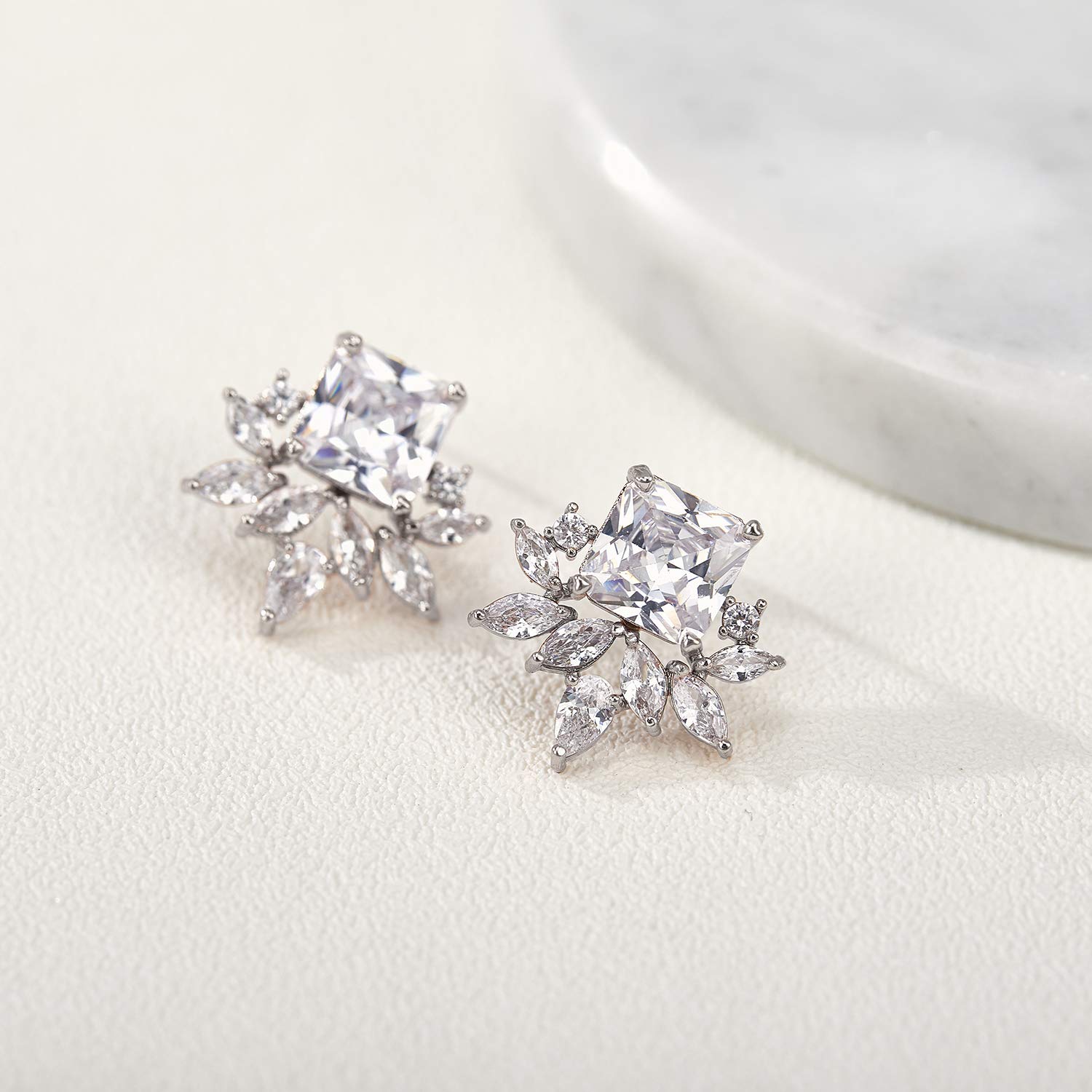 SWEETV CZ Cluster Bridal Wedding Bridesmaids Earrings, Crystal Stud Earrings for Women, Silver,Suitable for Ages 15+