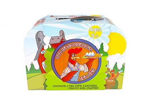 Regal Games Old Macdonald’s Tea Time - Barnyard Animal Designed Kid's Tea Time Set - includes 1 Teapot, 4 Cups, 4 Saucers, 1 Platter & Storage Case - Ideal Birthday & Easter Gift for Ages 5+