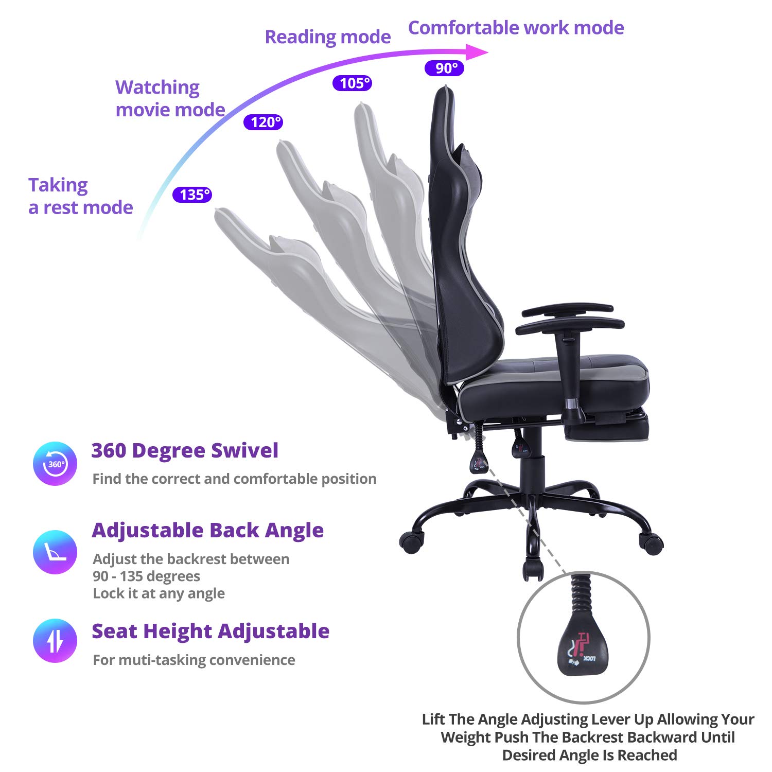 VON RACER Massage Gaming Chair - High Back Racing PC Computer Desk Office Chair Swivel Ergonomic Executive Leather Chair with Footrest and Adjustable Armrests, Gray/Black