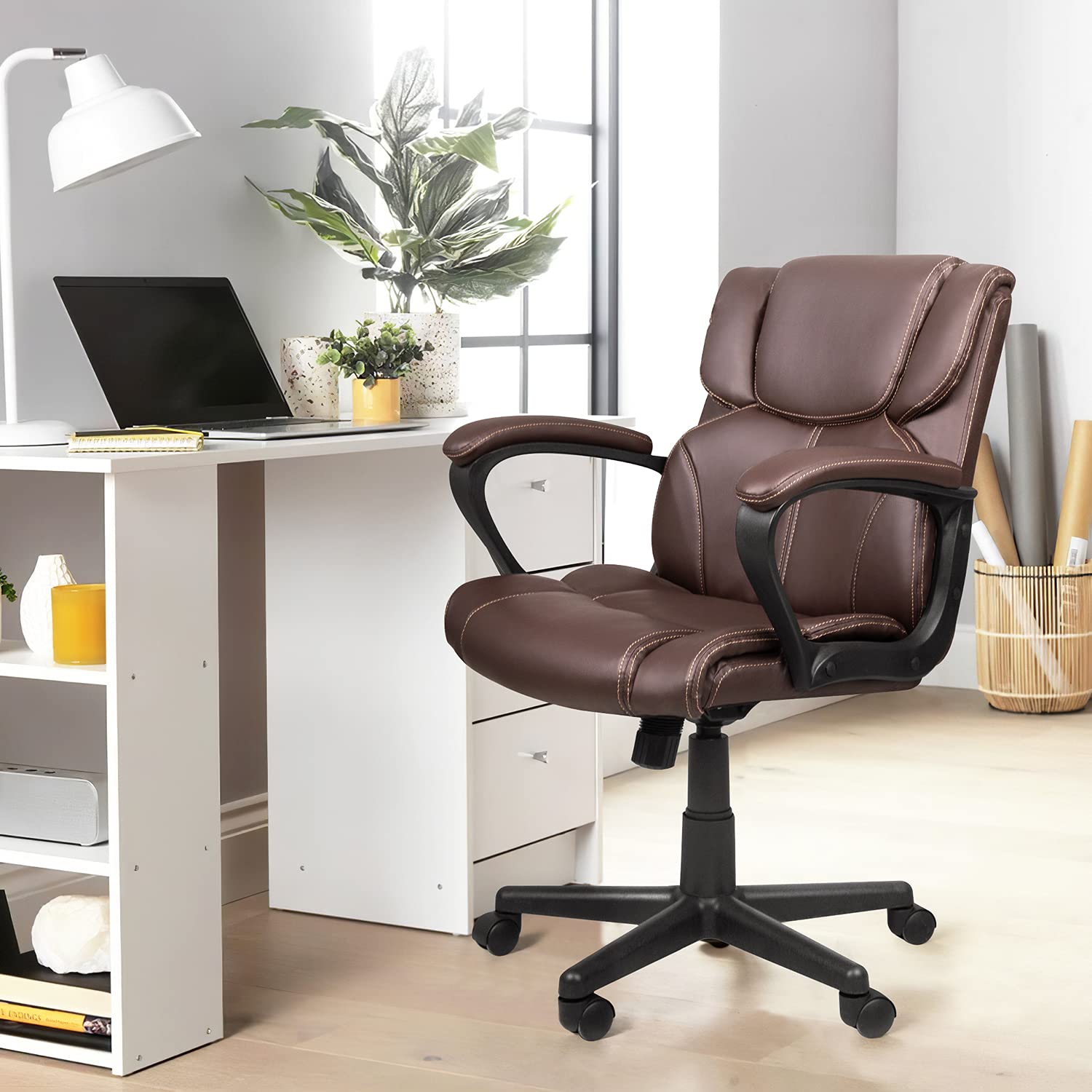 Tozey Executive Office Chair Mid Back Leather Desk Chair Ergonomic Task Chair with Padded Armrests Adjustable Swivel Chair with Lumber Support (Brown)
